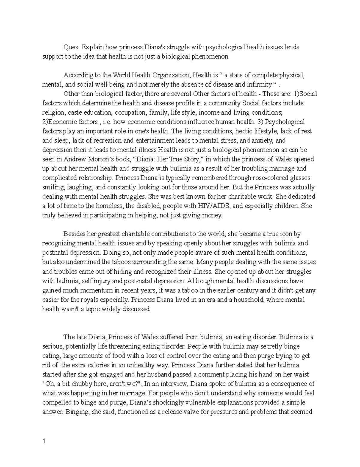 IA Health Psychology - Ques: Explain how princess Diana's struggle with ...