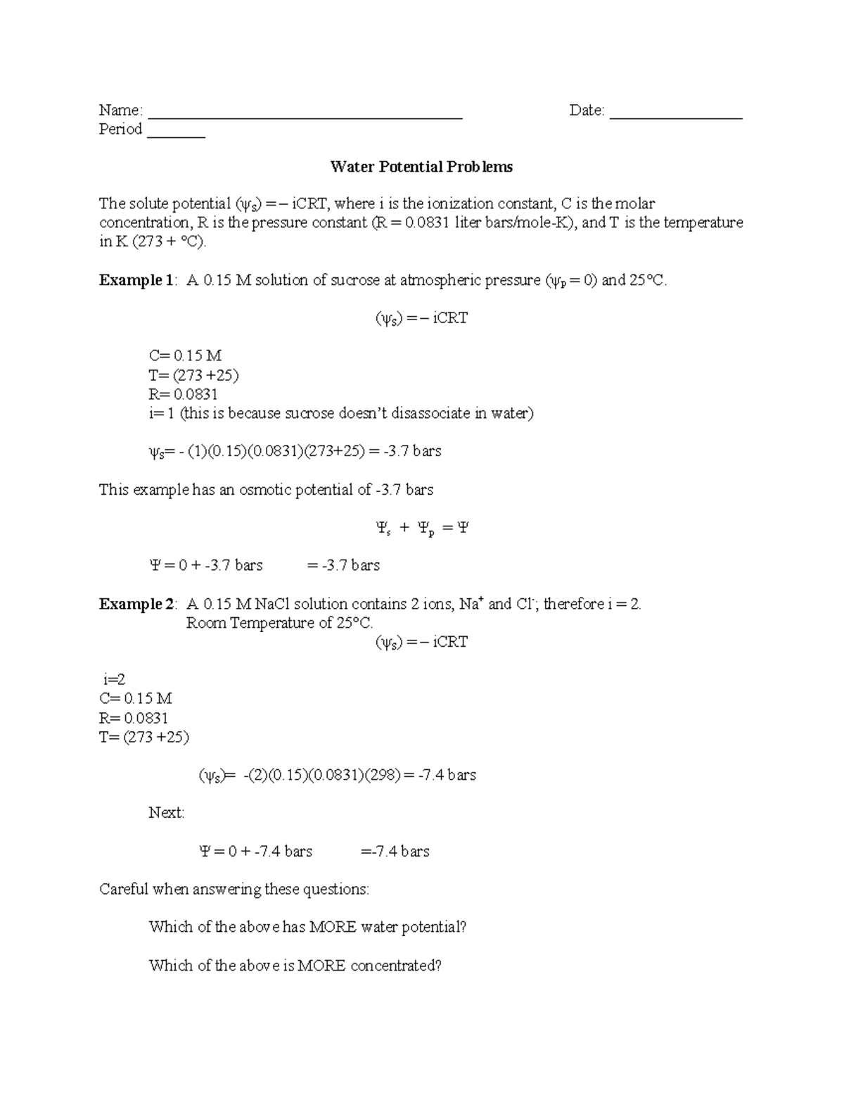 Water Potential Problems - Name ...
