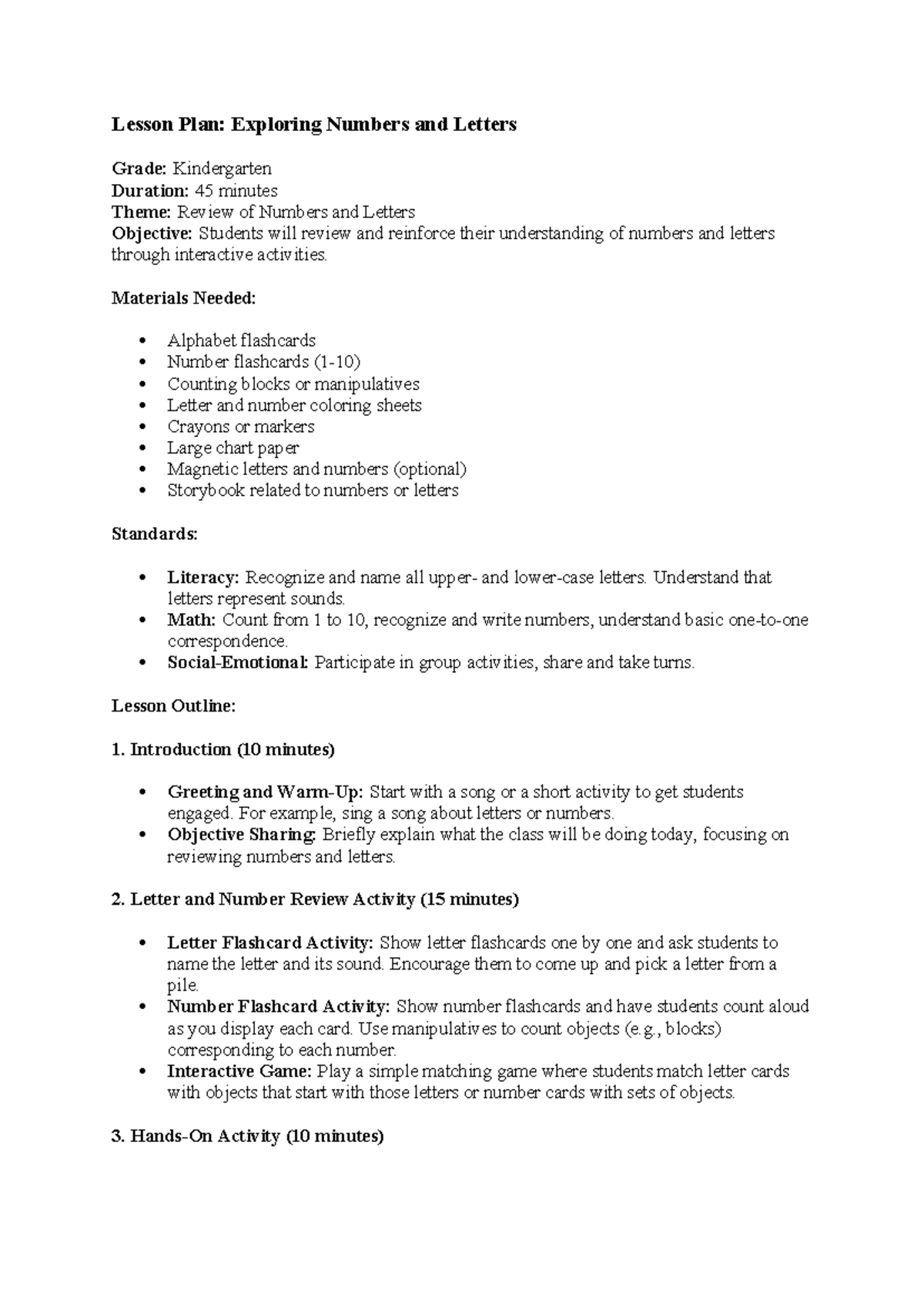 Lesson Plan num and letter - Lesson Plan: Exploring Numbers and Letters ...