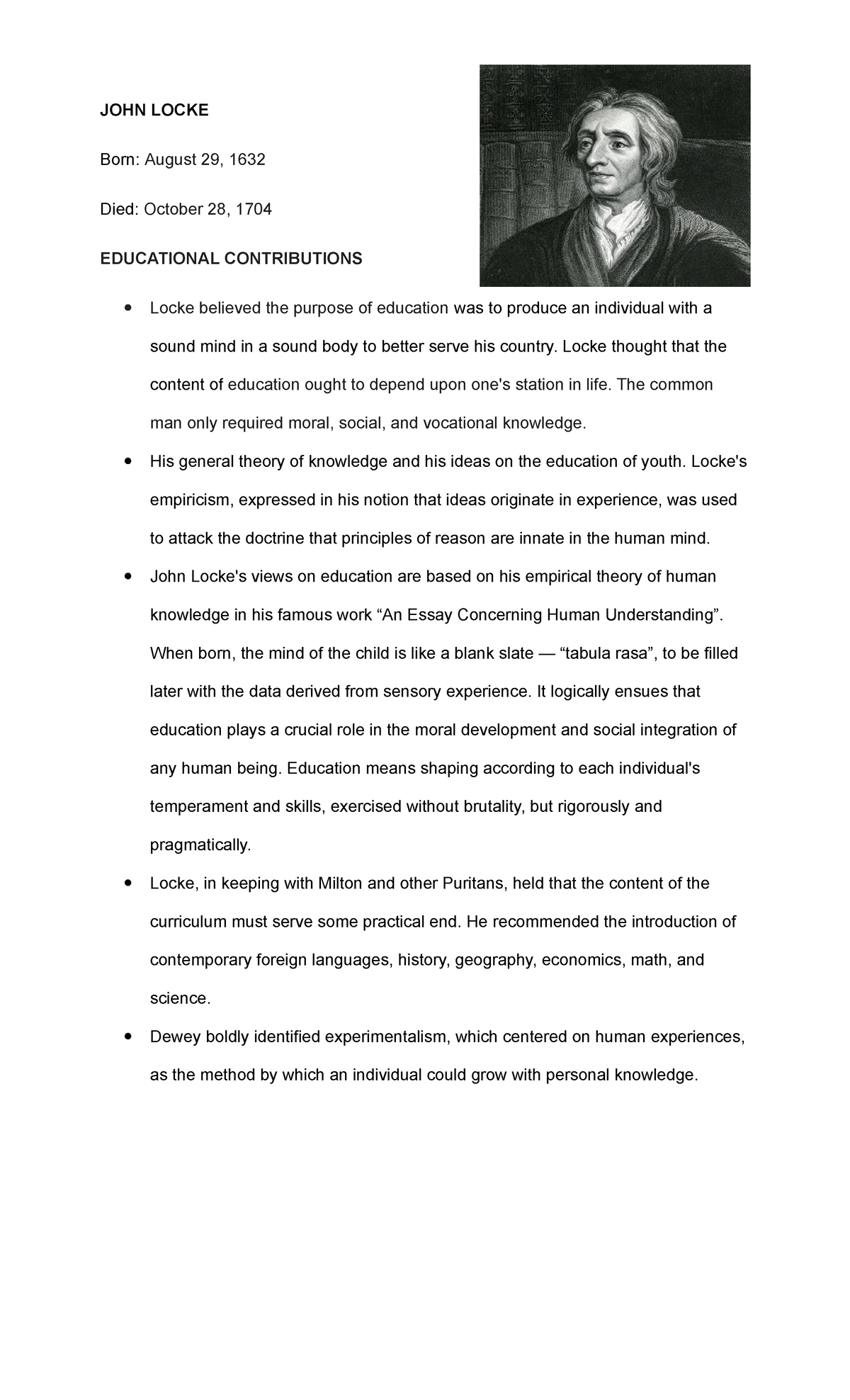 10 Philosophers - JOHN LOCKE Born: August 29, 1632 Died: October 28 ...