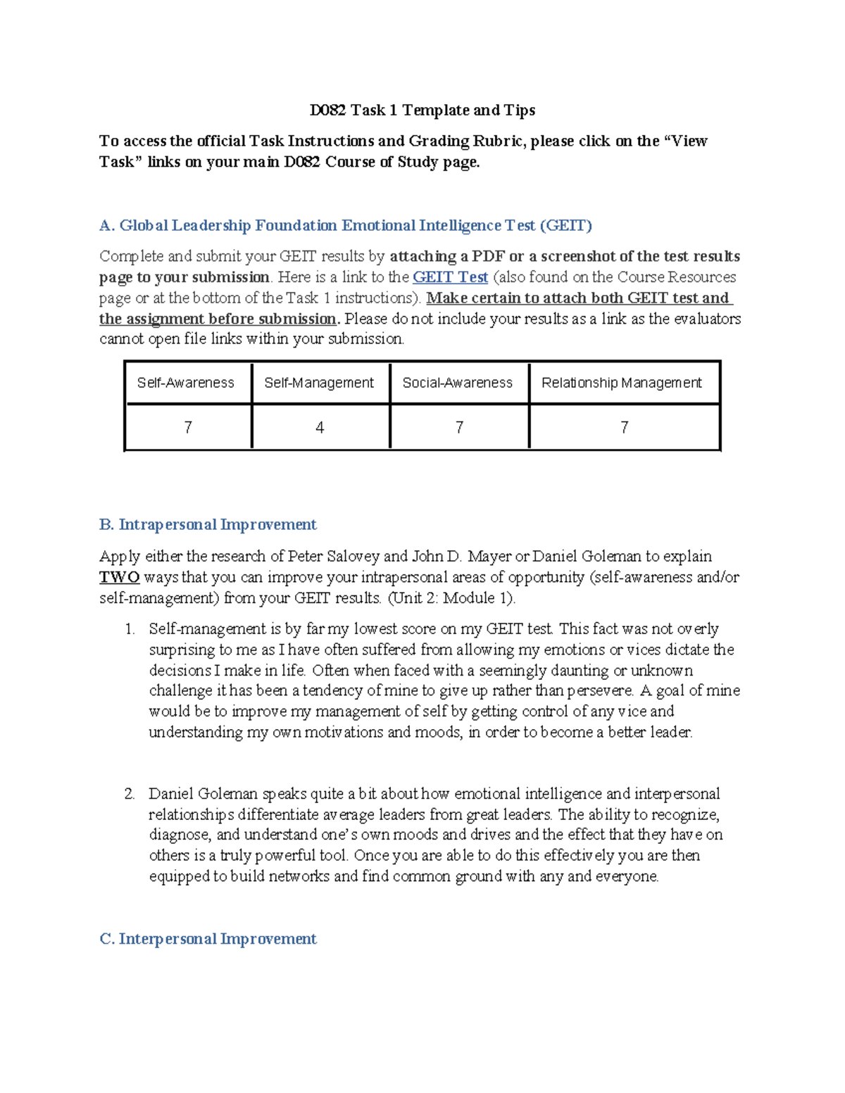 Emot Intel Class Task 1 Passed - D082 Task 1 Template and Tips To access the official Task - Studocu