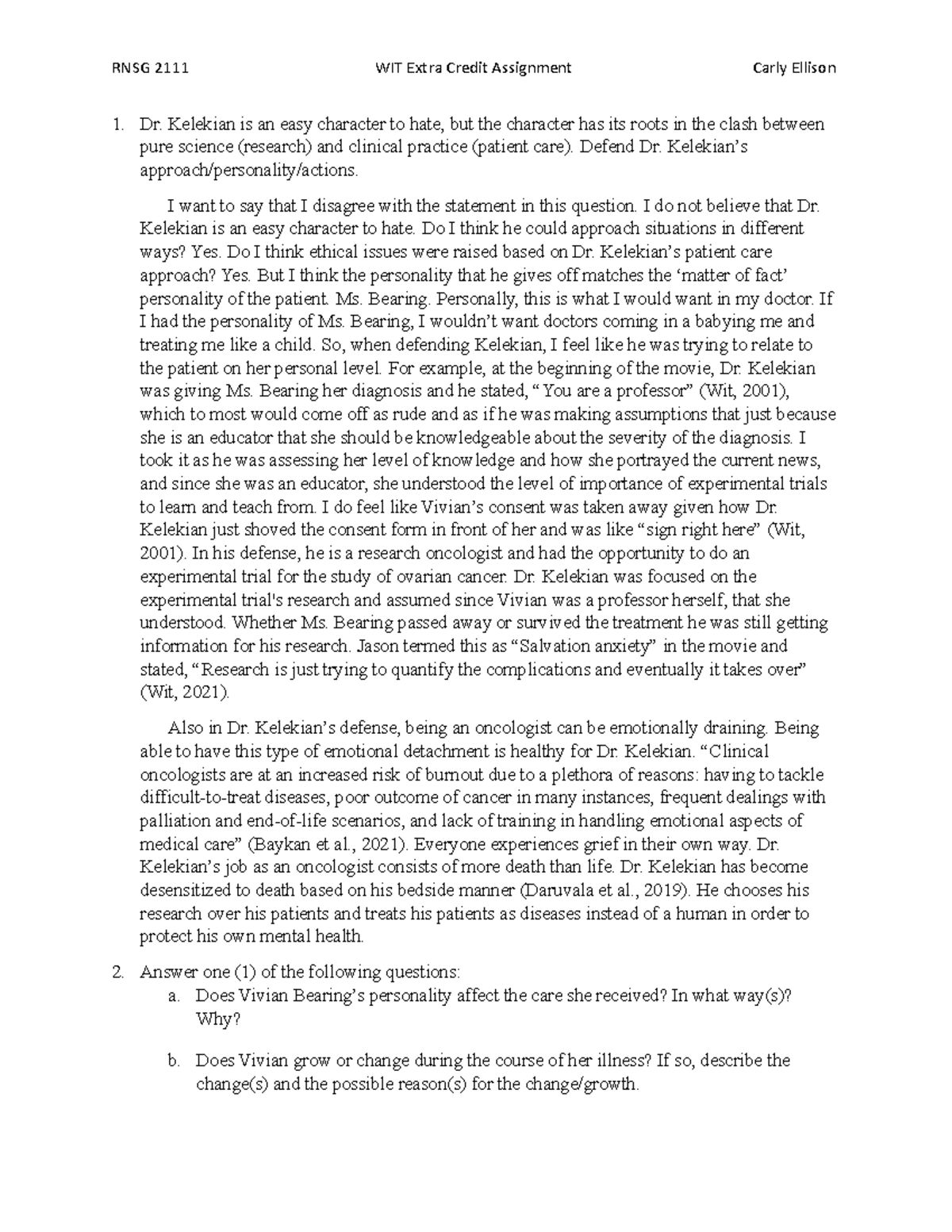 Wit extra credit - End of life care - RNSG 2111 WIT Extra Credit ...