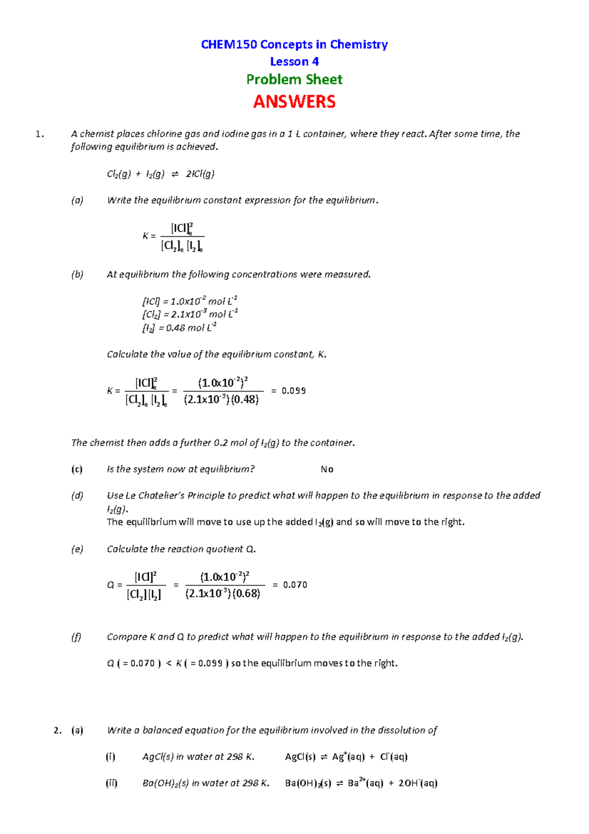 Problem Sheet 4 answers - CHEM150 Concepts in Chemistry Lesson Problem ...