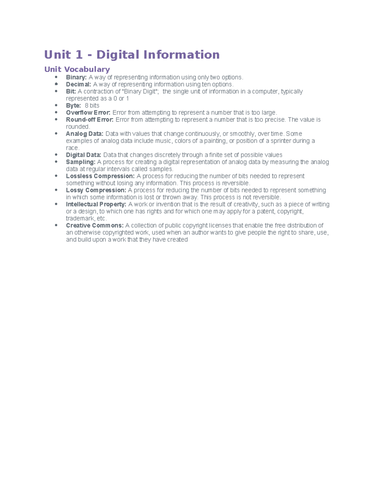 Vocabulary - Unit 1 - Digital Information Unit Vocabulary Binary: A way ...
