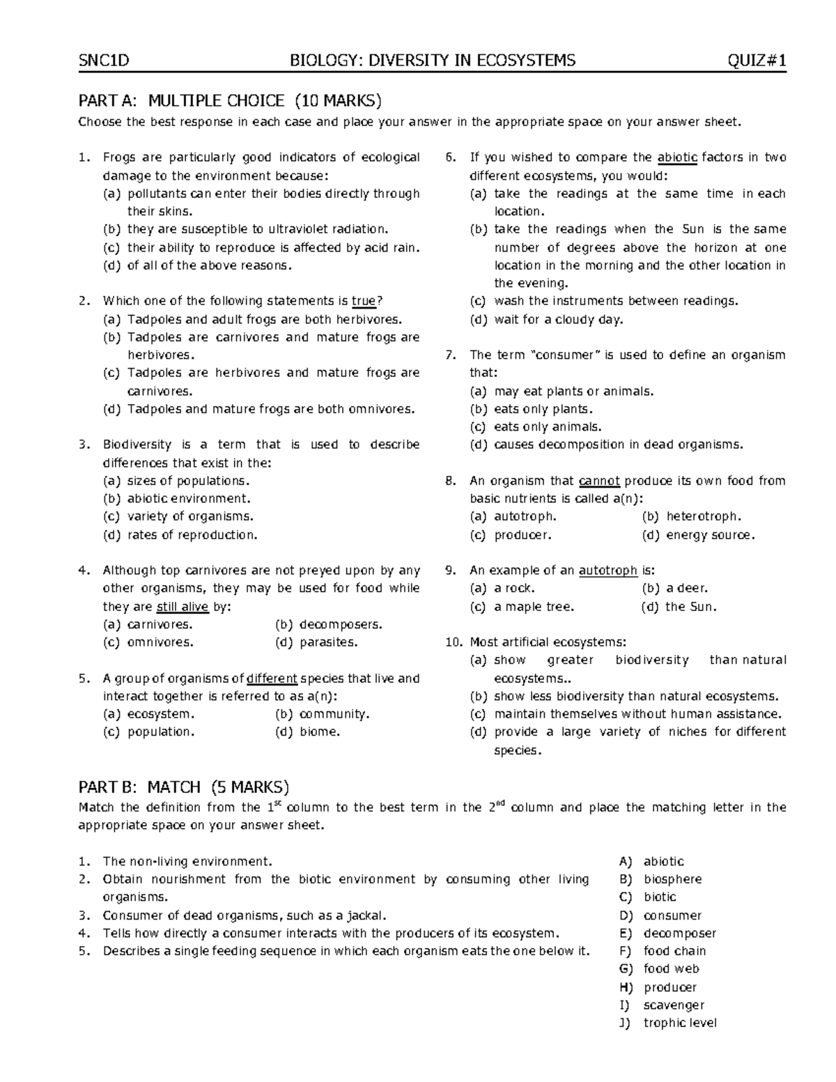 1 Dbiol - QUIZ1 (Diversity in Ecosystems) - SNC1D BIOLOGY: DIVERSITY IN ...