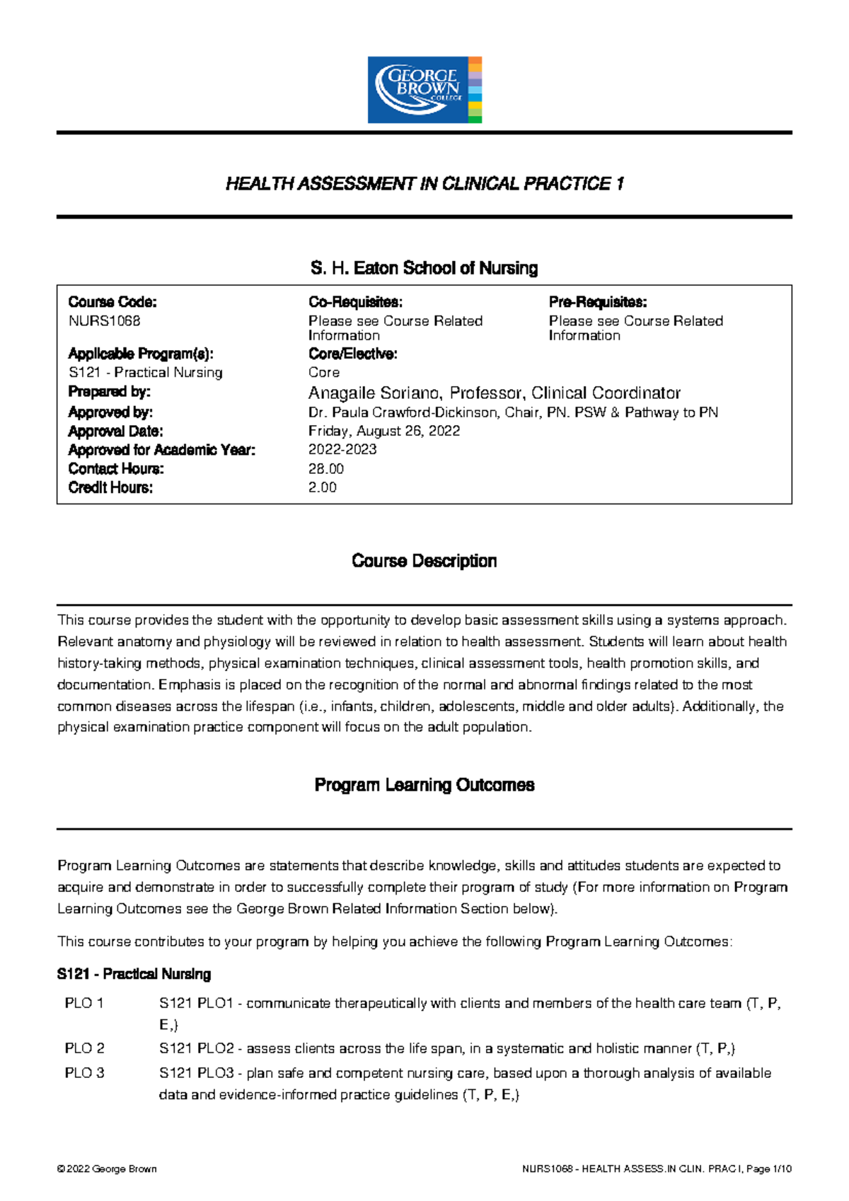 2022-2023 nurs1068 - health assessment course description and the ...