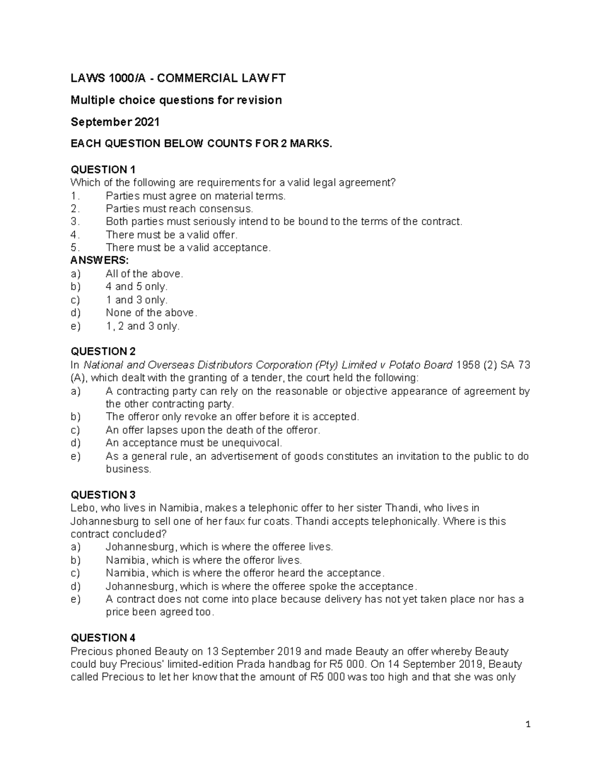 Comlaw 21 MCQ revision open - LAWS 1000/A - COMMERCIAL LAW FT Multiple ...