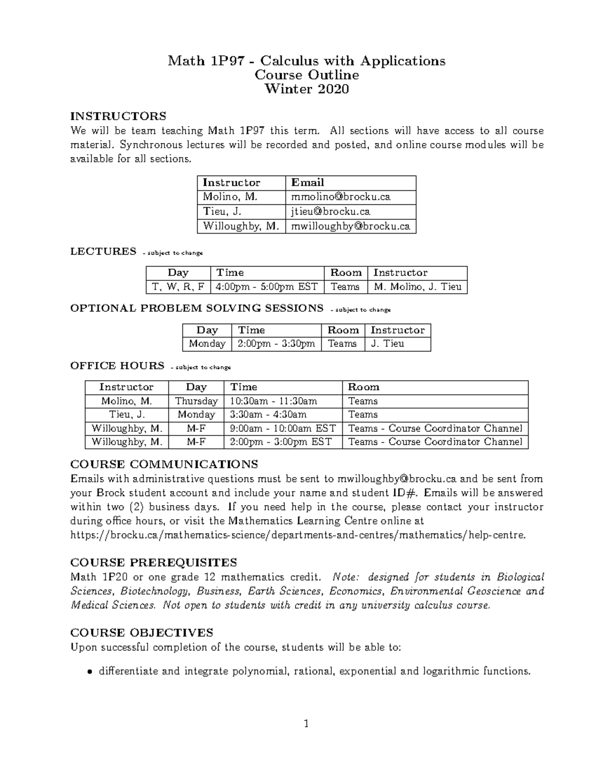 Course Outline and Syllabus MATH 1P97 - MATH 1P97 - Brocku - Studocu