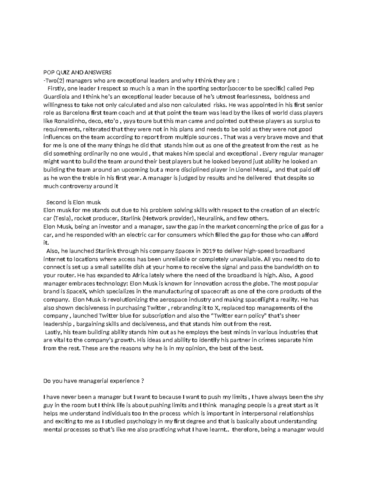 Daniee ass copy - POP QUIZ AND ANSWERS -Two(2) managers who are ...