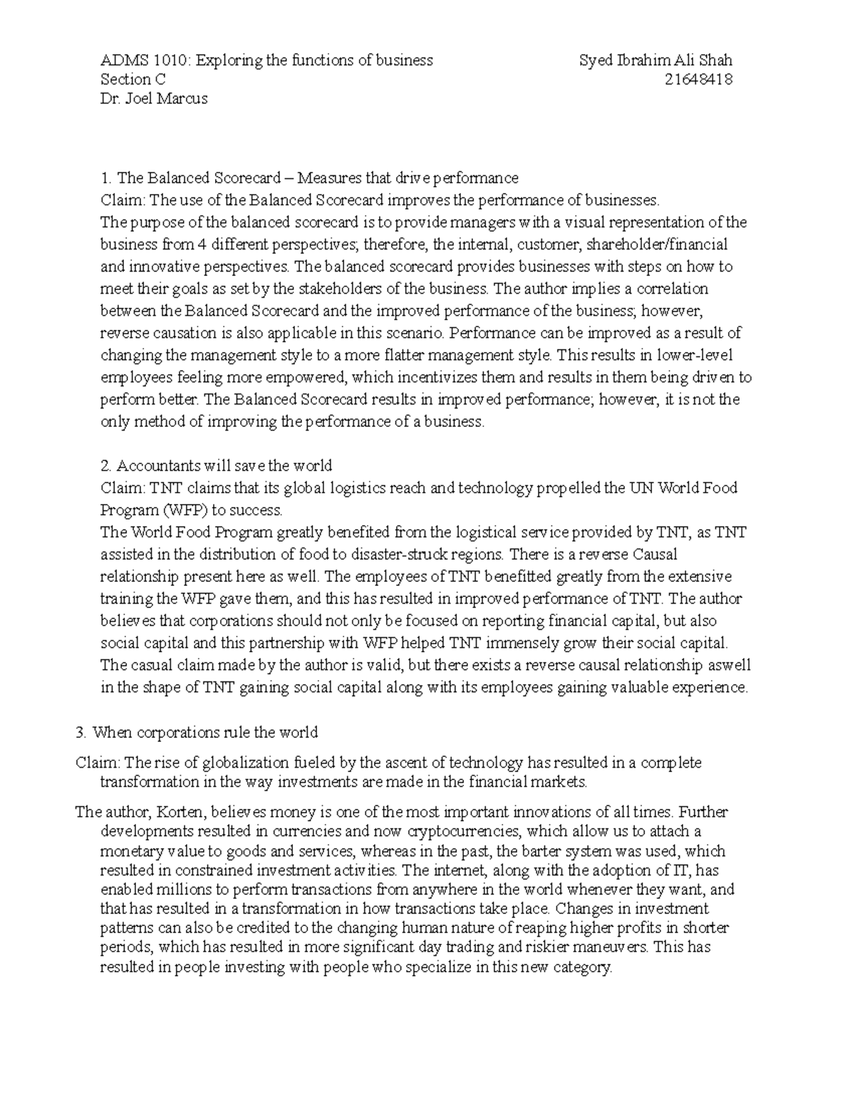 Adms 1010 assignment 7 - ADMS 1010: Exploring the functions of business Syed Ibrahim Ali Shah ...