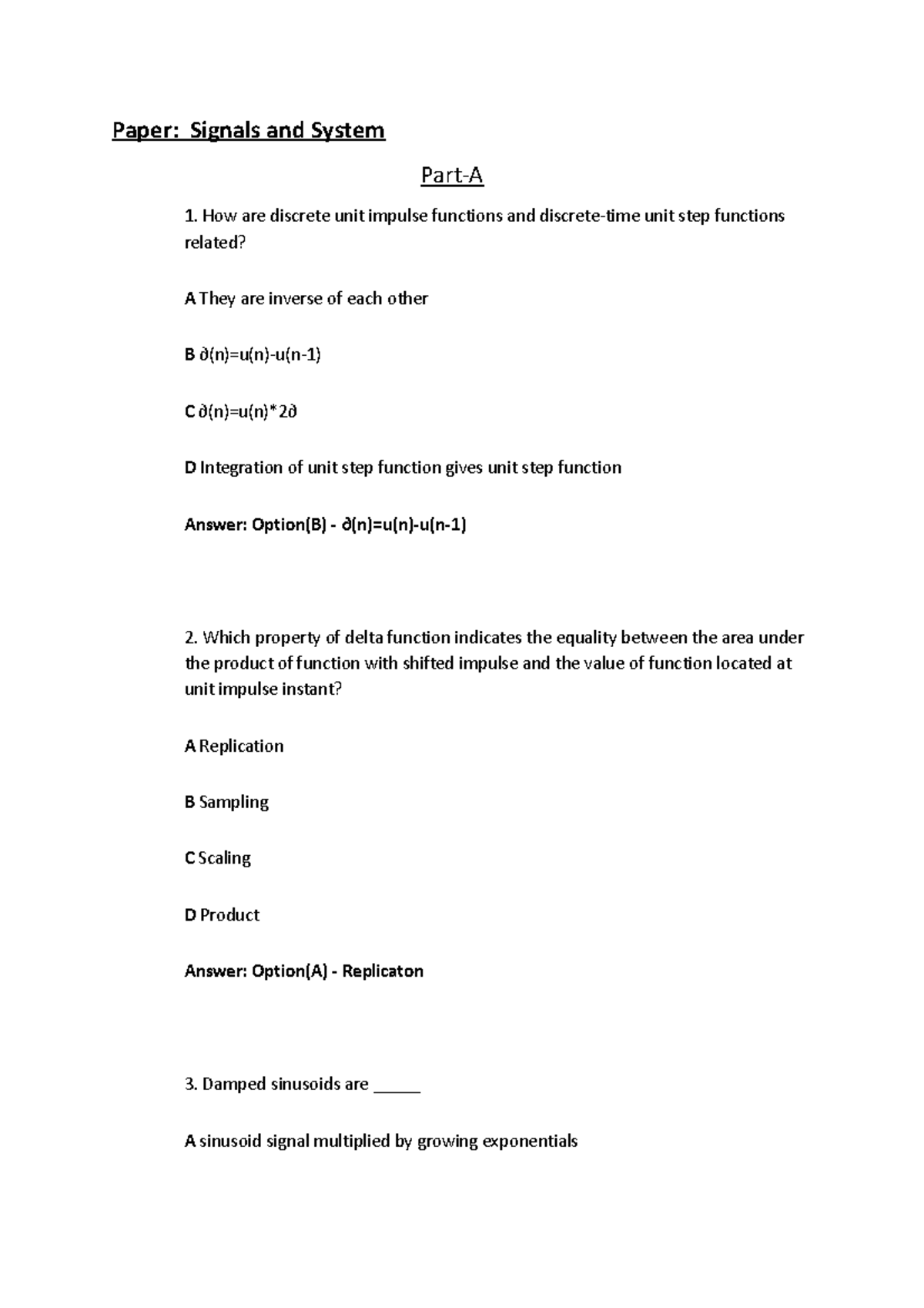 Signals and system - Paper: Signals and System Part-A How are discrete ...