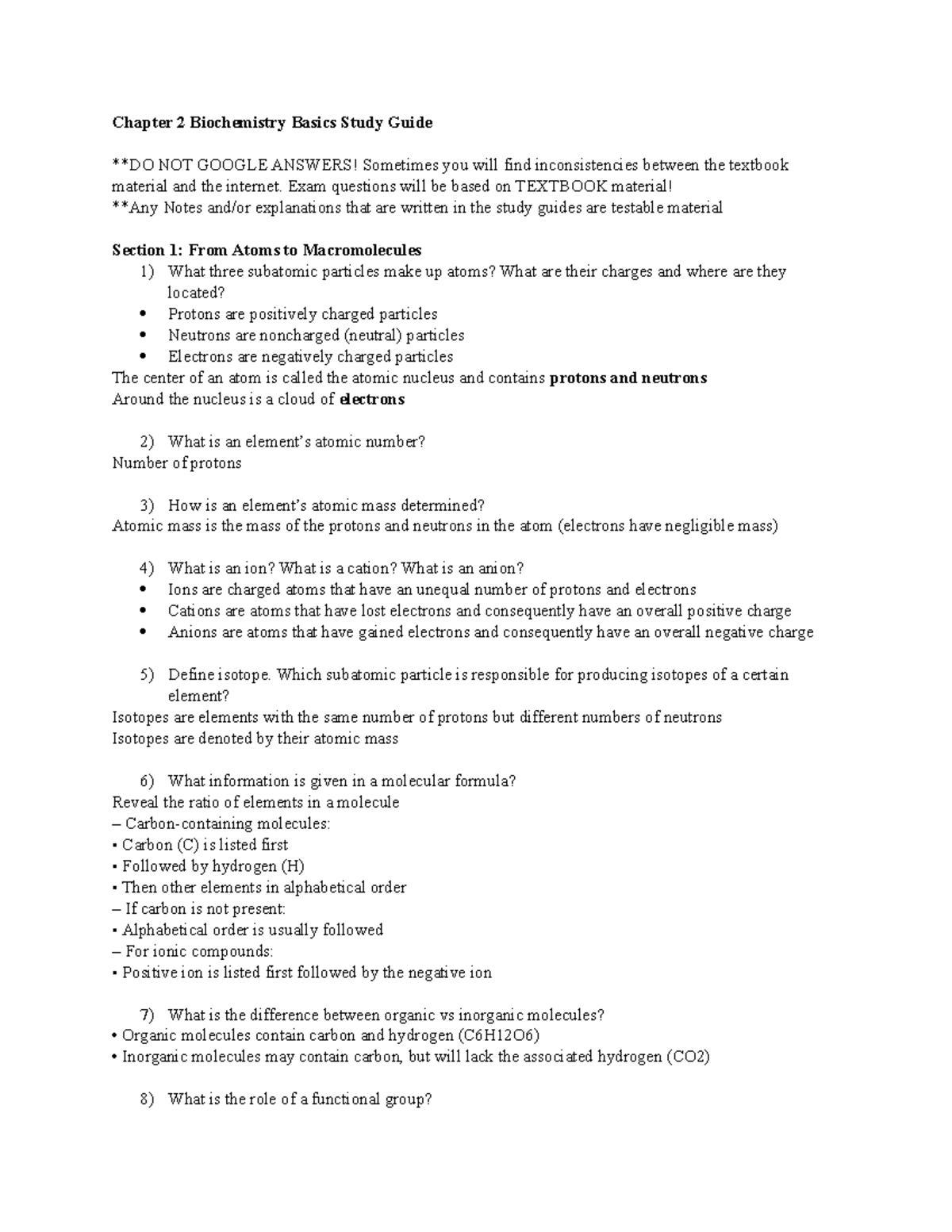 Chapter 2 Biochemistry Basics Study Guide Spring 2023 - Chapter 2 ...