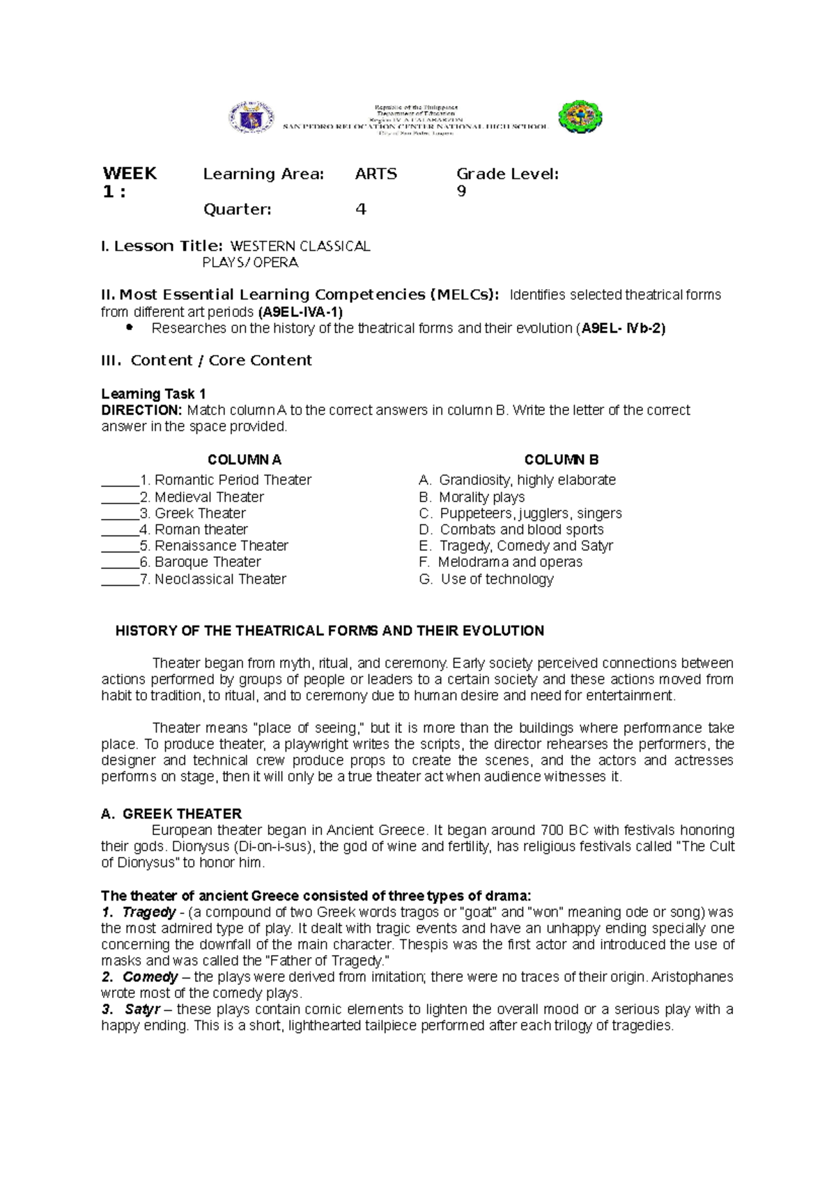 Arts-Grade-9-Quarter-4 - WEEK 1 : Learning Area: ARTS Grade Level: 9 ...