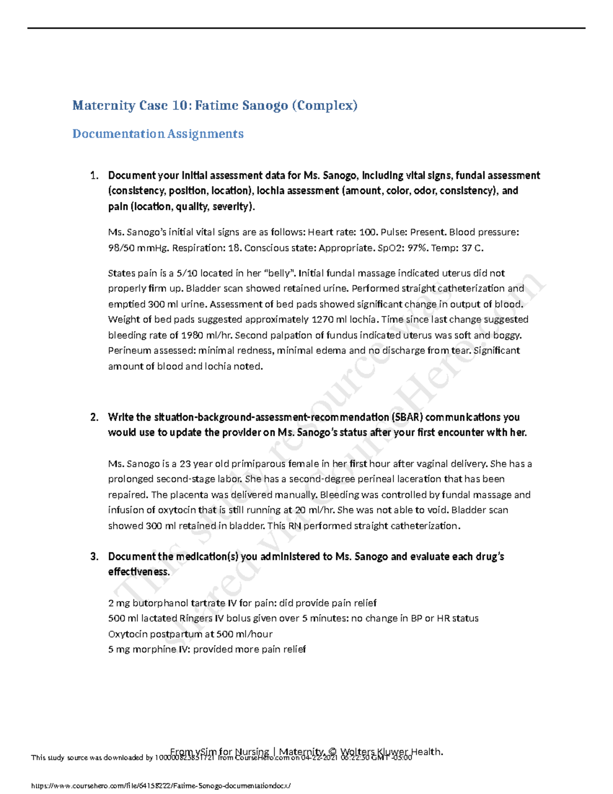 Maternity case 5 fatime sanogo documentation assignments answered by ...