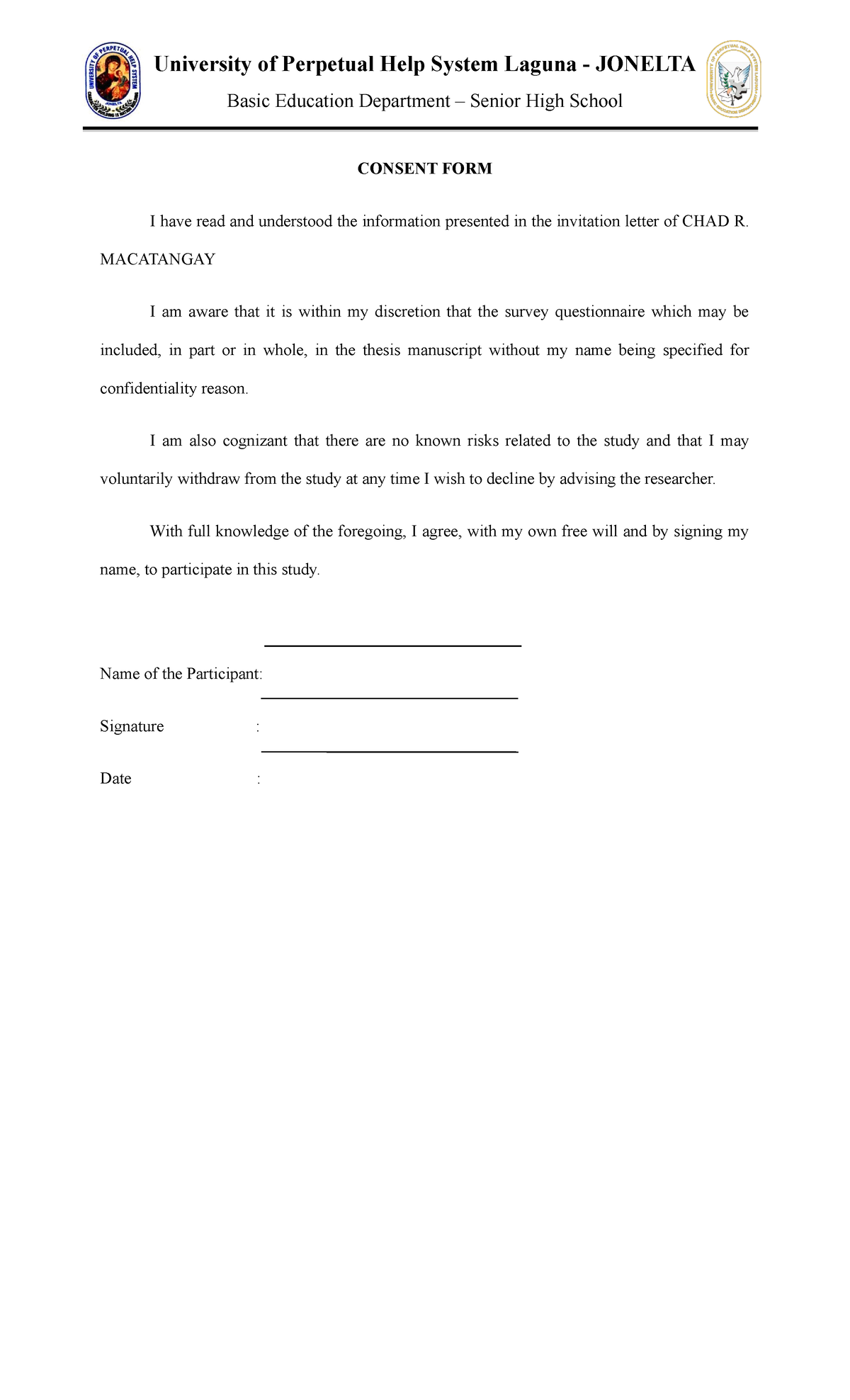 Consent formsdsddddddddd sss - University of Perpetual Help System ...