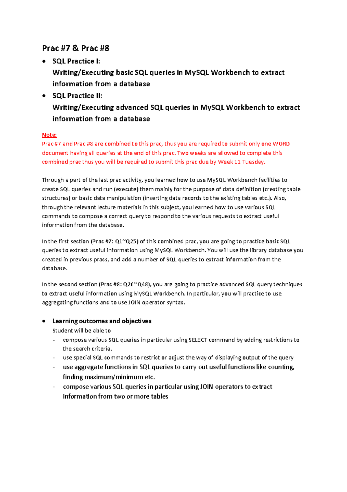Prac07-08 - SQL Practice 1-2 - Business Psychology - Studocu