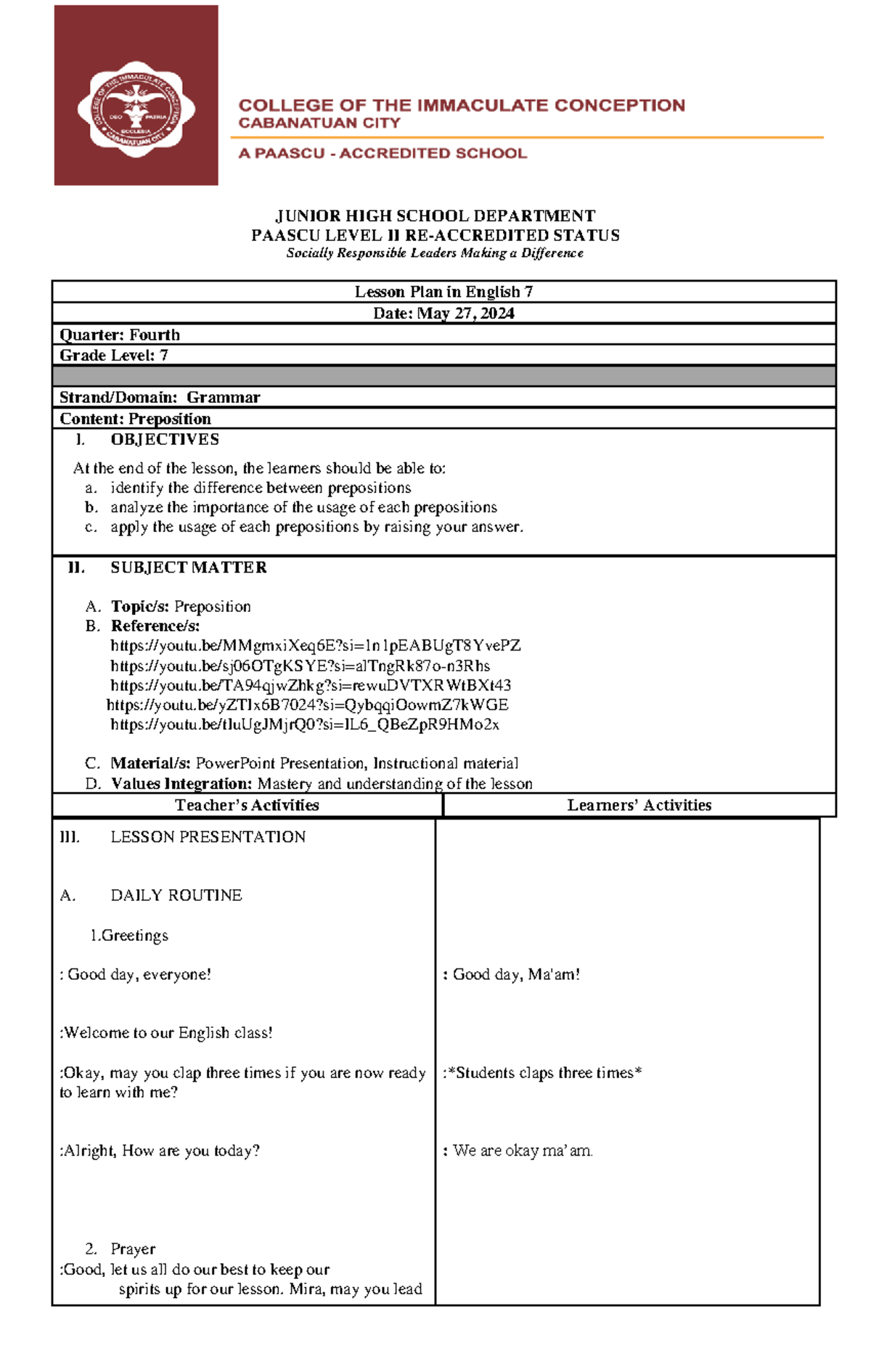 SEMI DETAILED LESSON PLAN - JUNIOR HIGH SCHOOL DEPARTMENT PAASCU LEVEL ...