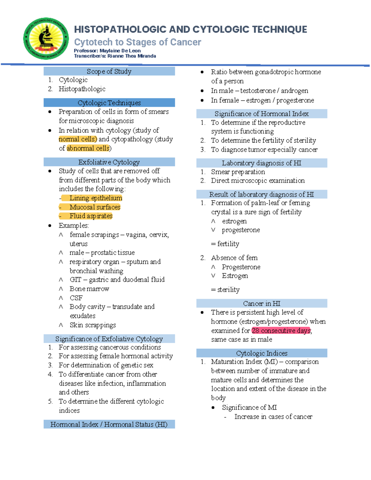 Histopath 1 - Cytotech to Stages of Cancer Professor: Maylaine De Leon ...