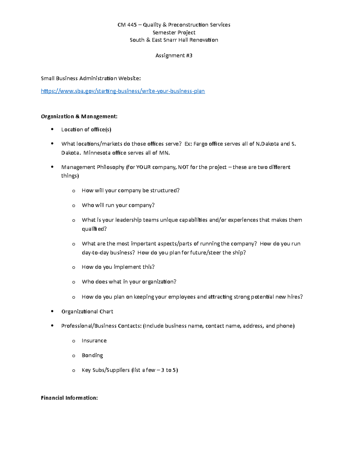 Assignment #3 - CM 445 – Quality & Preconstruction Services Semester ...