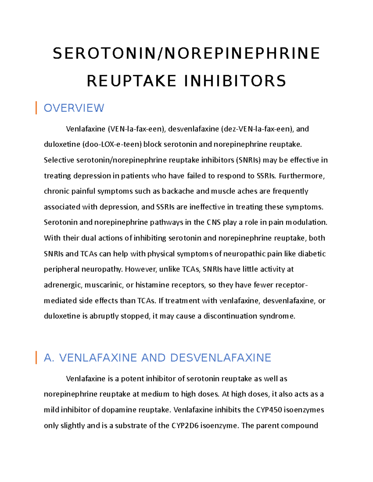 Serotonin OR Norepinephrine Reuptake Inhibitors - SEROTONIN ...