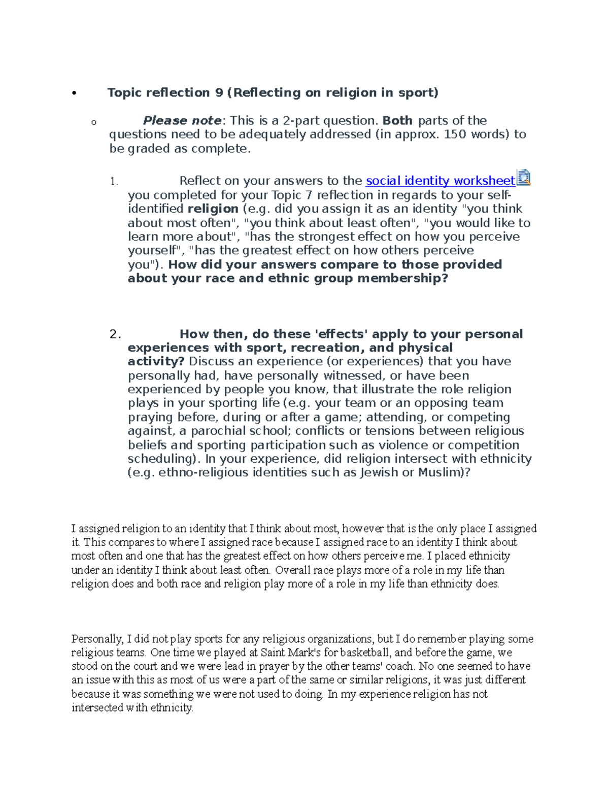 Topic reflection 9 (Reflecting on religion in sport) - Topic reflection ...