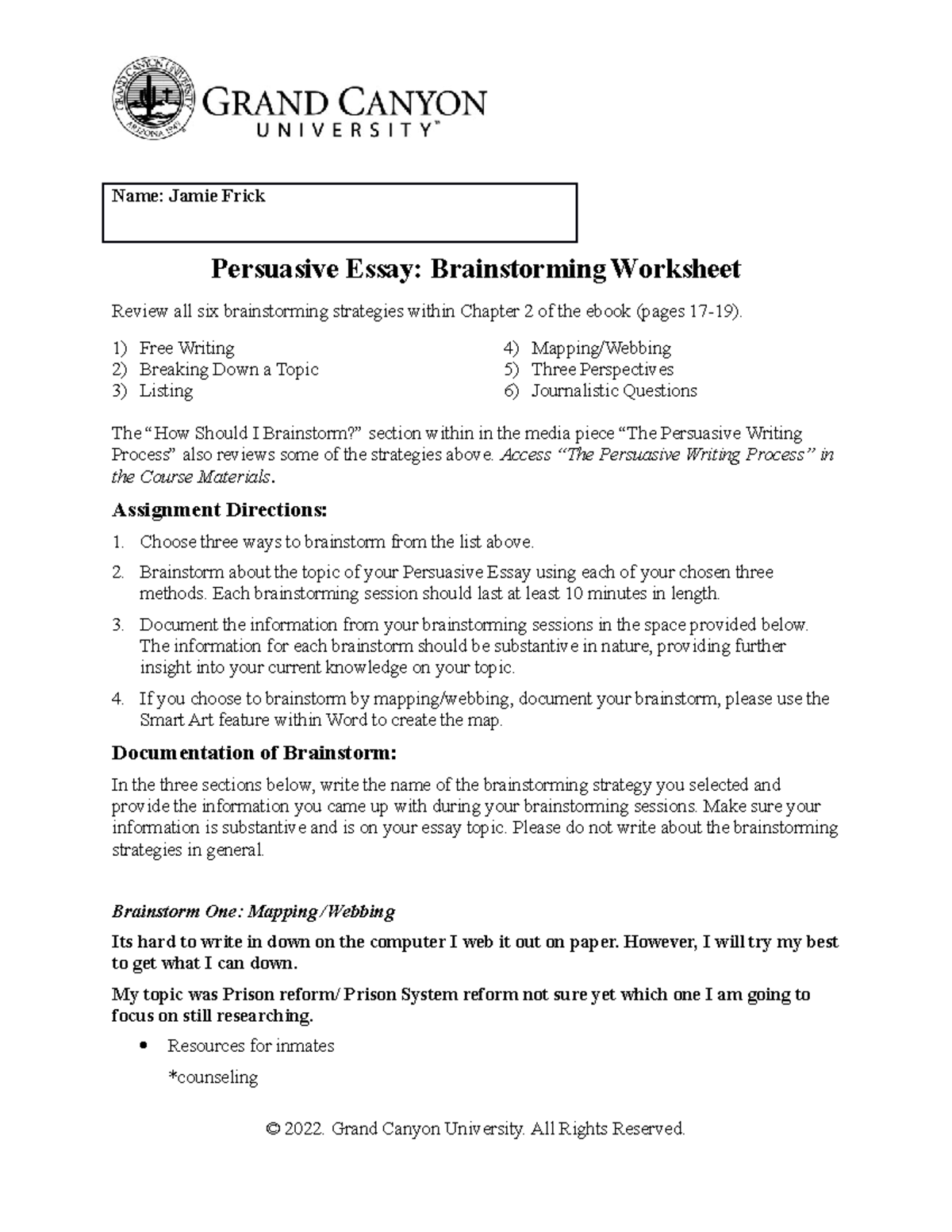 PHI105 T2 Brainstorming Worksheet prison reform - Name: Jamie Frick ...