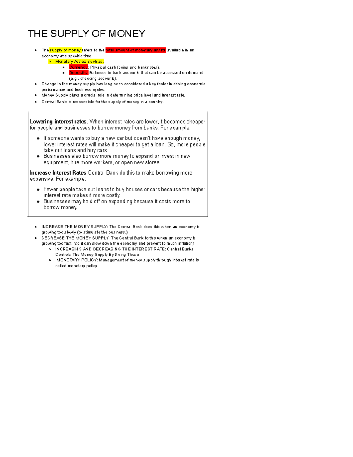 Supply of Money - THE SUPPLY OF MONEY The supply of money refers to the ...