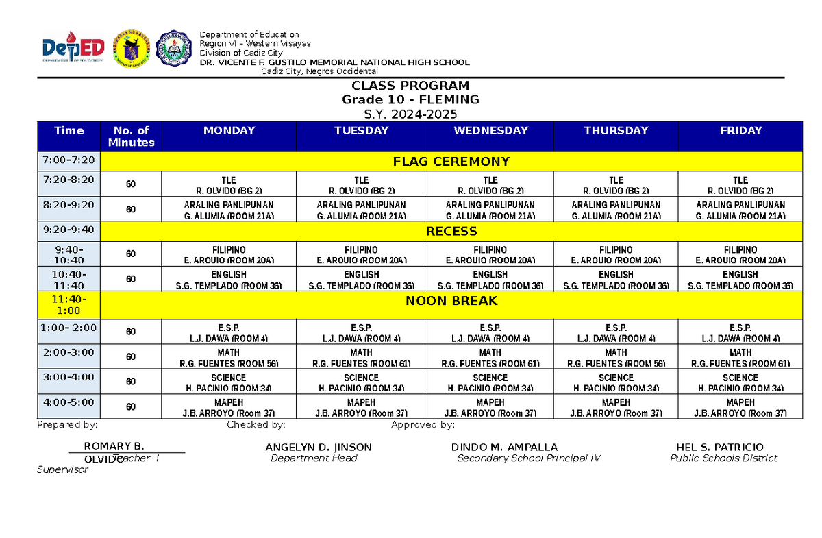 Class- Program 2024-2025 Fleming - ROMARY B. OLVIDO Department of ...