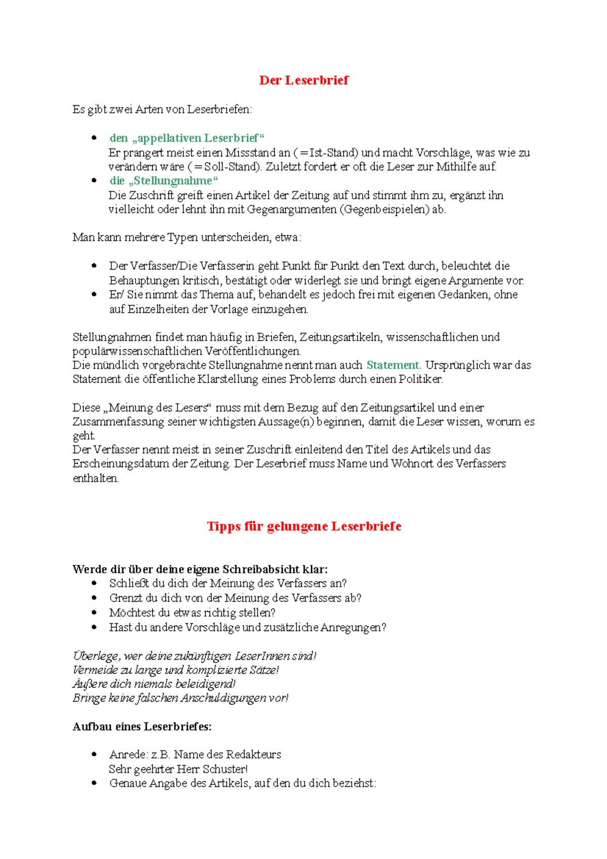 Leserbrief Tipps - Der Leserbrief Es gibt zwei Arten von Leserbriefen ...