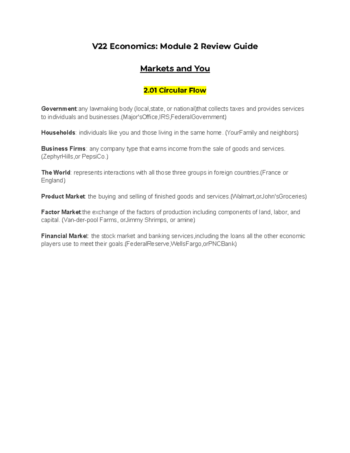 V22 Economics Module 2 Review Guide - V22 Economics: Module 2 Review Guide Markets and You 2 ...