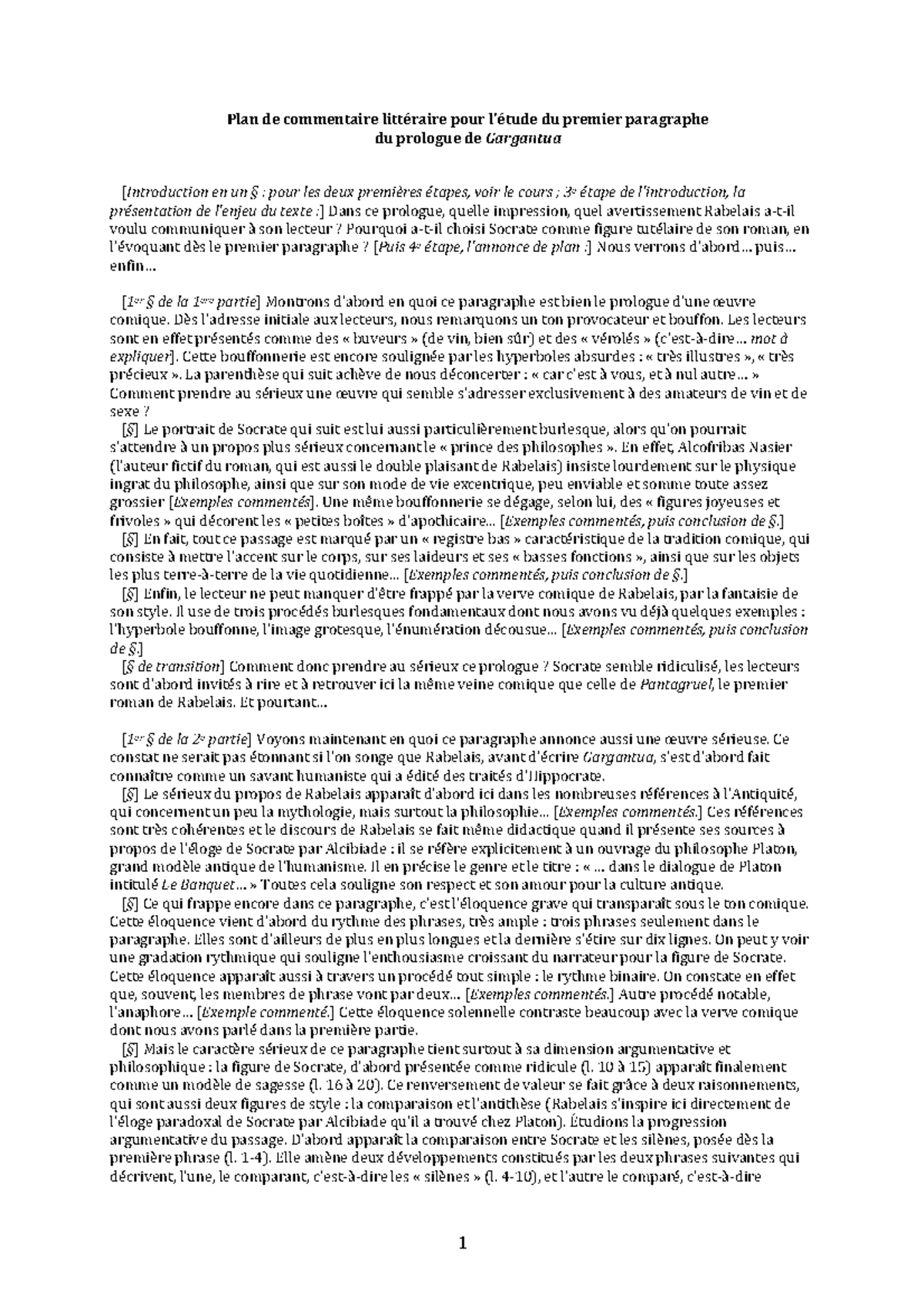 Plan de CL sur le prologue Garg - 1 Plan de commentaire littéraire pour ...