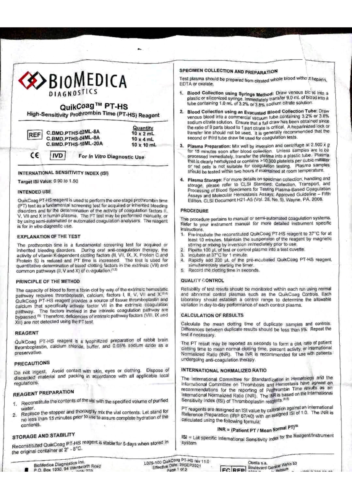 PT Package Insert - BS Medical Technology - Studocu