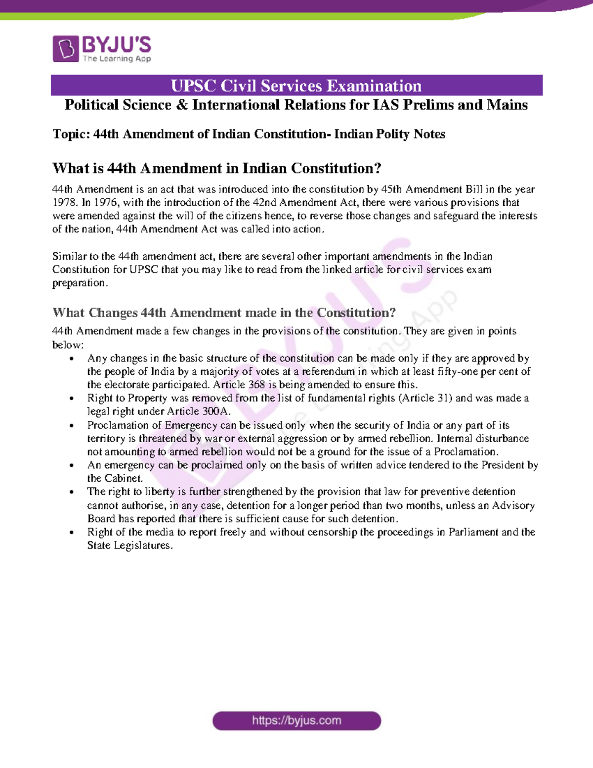 44th Amendment of Indian Constitution Indian Polity - In 1976, with the ...