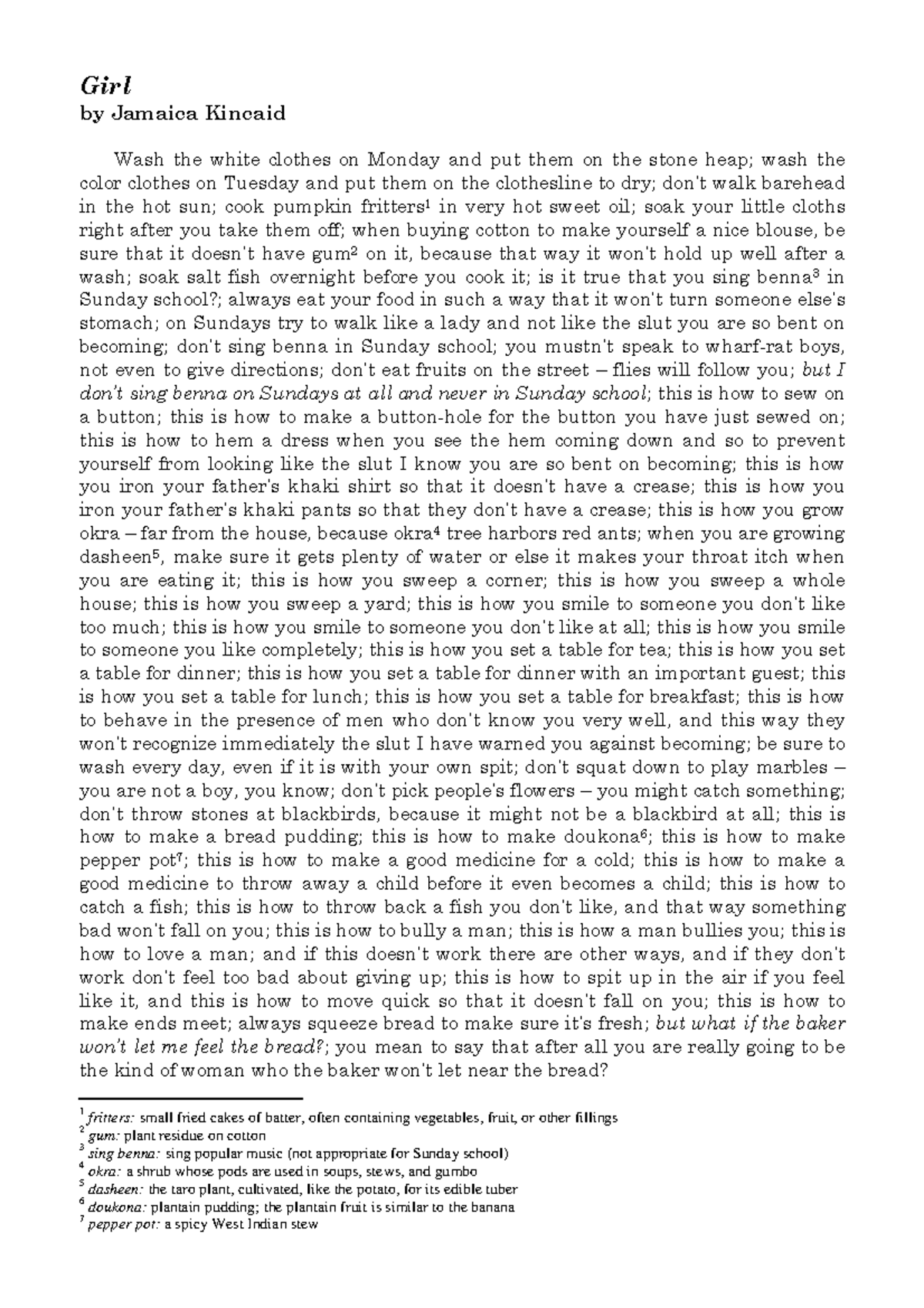 Girl by Jamaica Kincaid - Girl by Jamaica Kincaid Wash the white ...