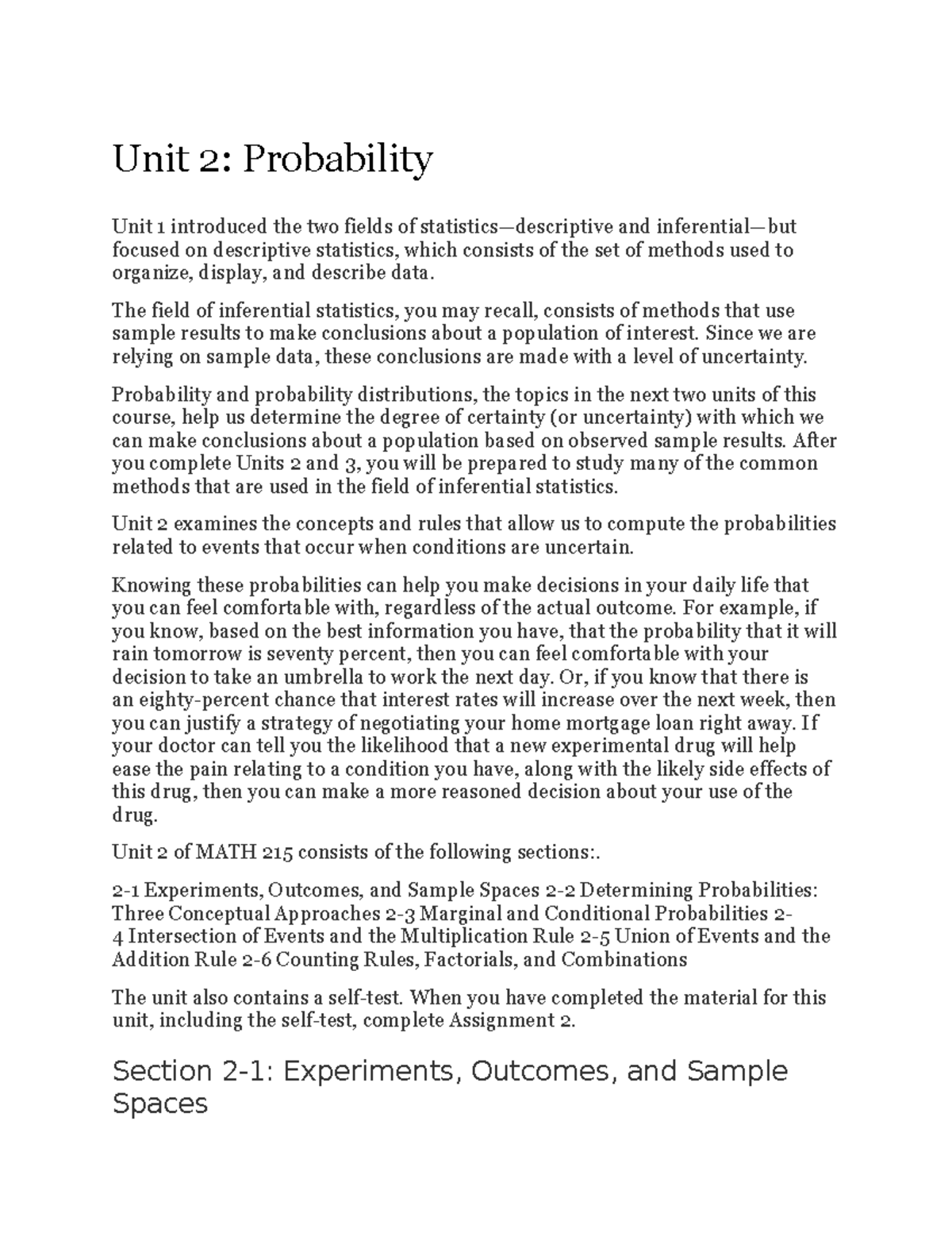 MATH Unit 2 Probability - Unit 2: Probability Unit 1 introduced the two ...