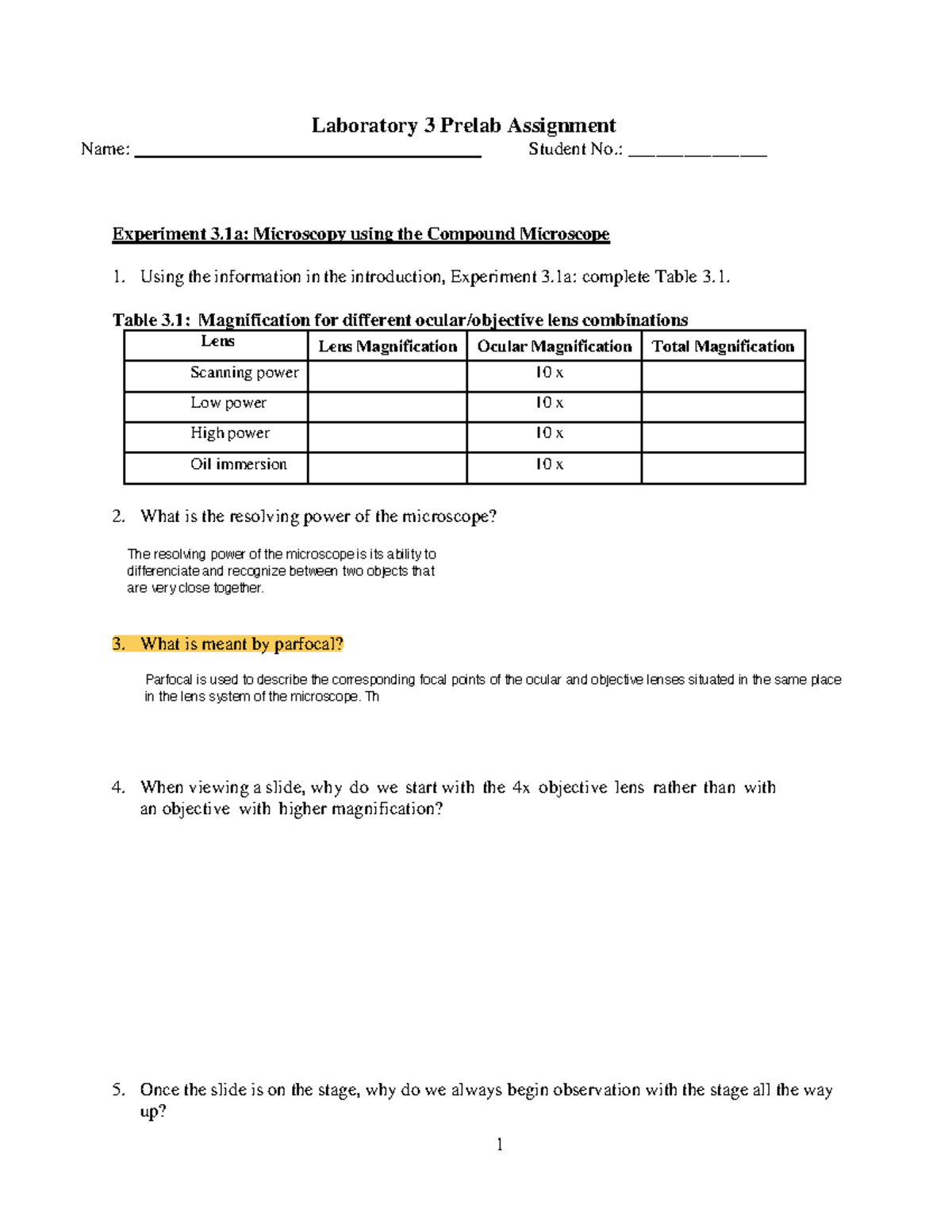 Laboratory 3 Microscope Work - New - 1 Laboratory 3 Prelab Assignment Name: Student No.: - Studocu