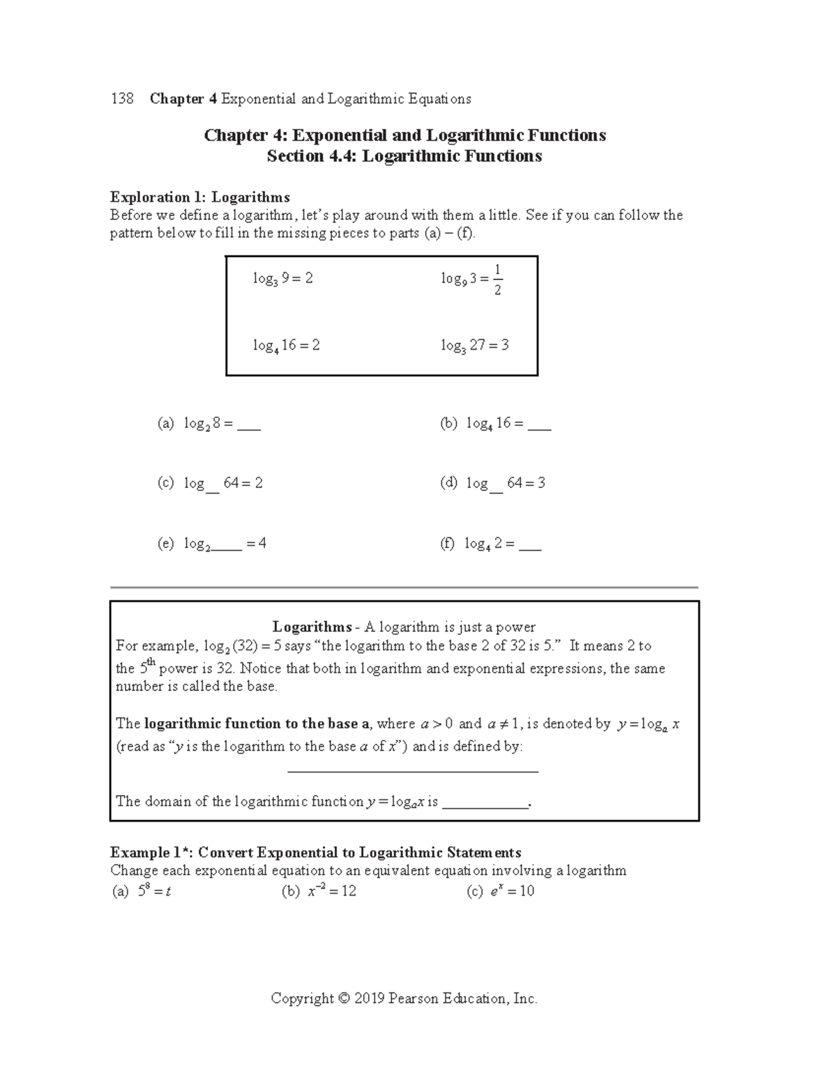 4 - lala - 138 Chapter 4 Exponential and Logarithmic Equations Copyright © 2019 Pearson ...