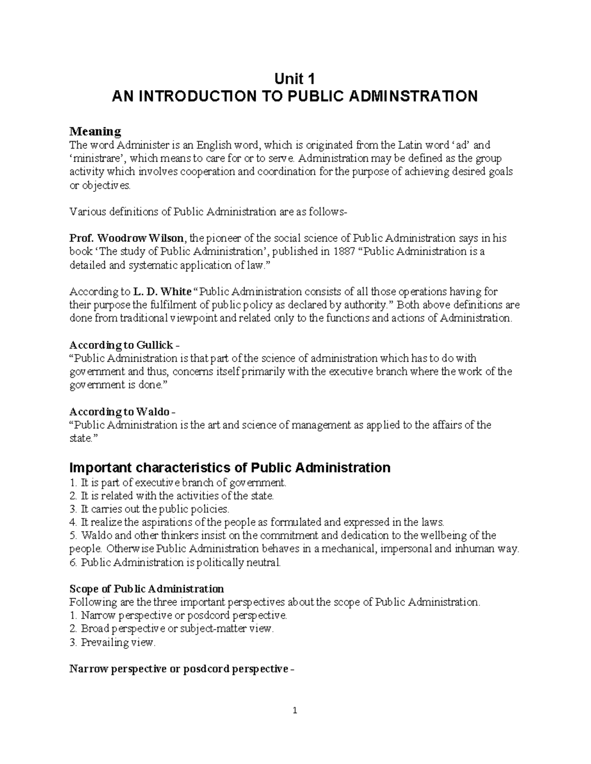 Public Administration - Unit 1 AN INTRODUCTION TO PUBLIC ADMINSTRATION ...