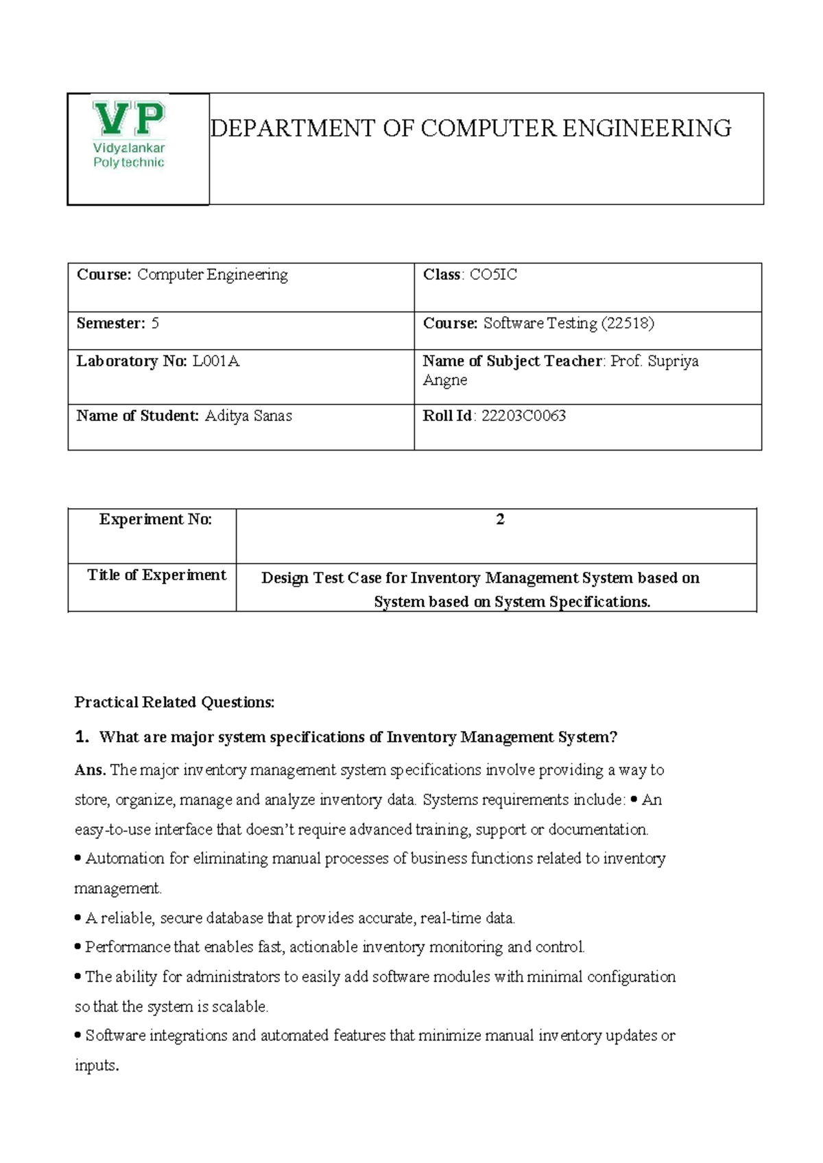 Practical No - mnbmn - Course: Computer Engineering Class: CO5IC ...