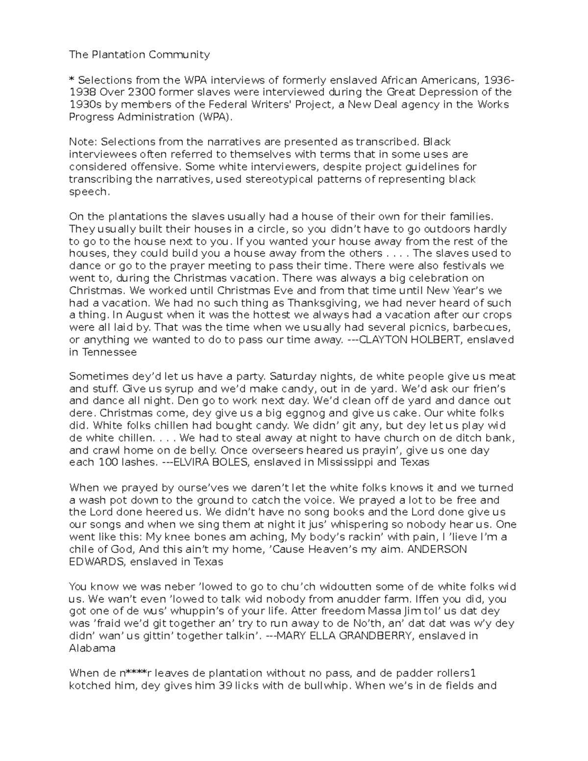 Ch 3 Slave Accounts - The Plantation Community Selections from the WPA ...