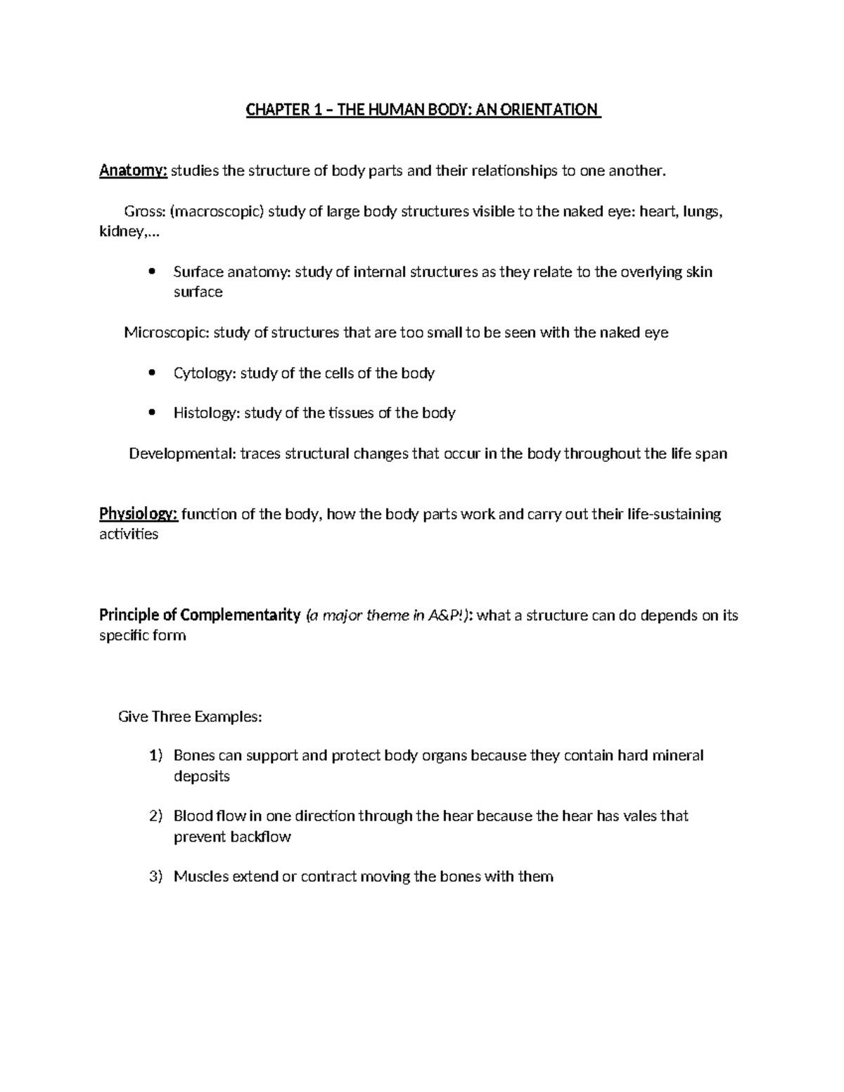 Chapter 1 Outline - CHAPTER 1 – THE HUMAN BODY: AN ORIENTATION Anatomy ...