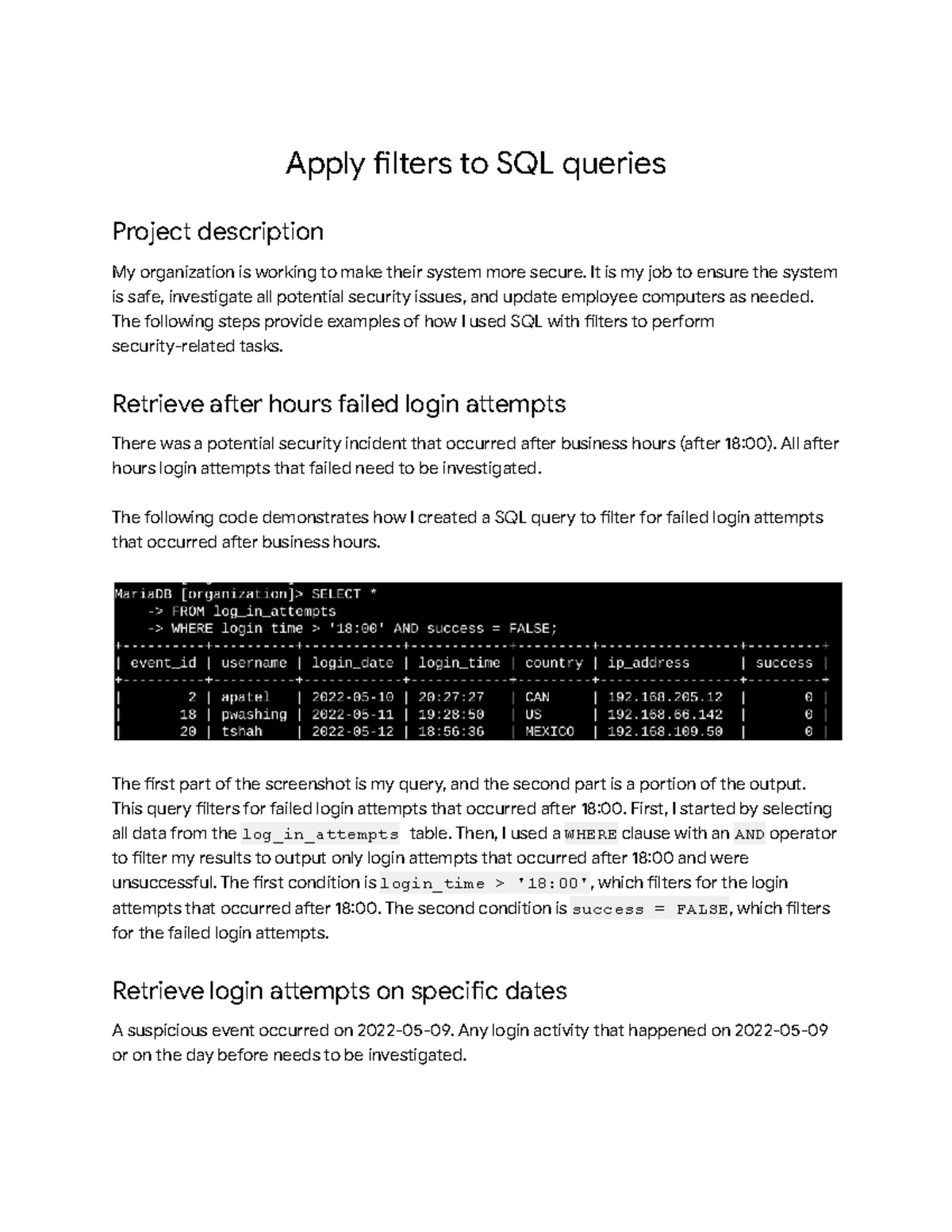 Apply filters to SQL queries exemplar - Apply lters to SQL queries Project description My - Studocu
