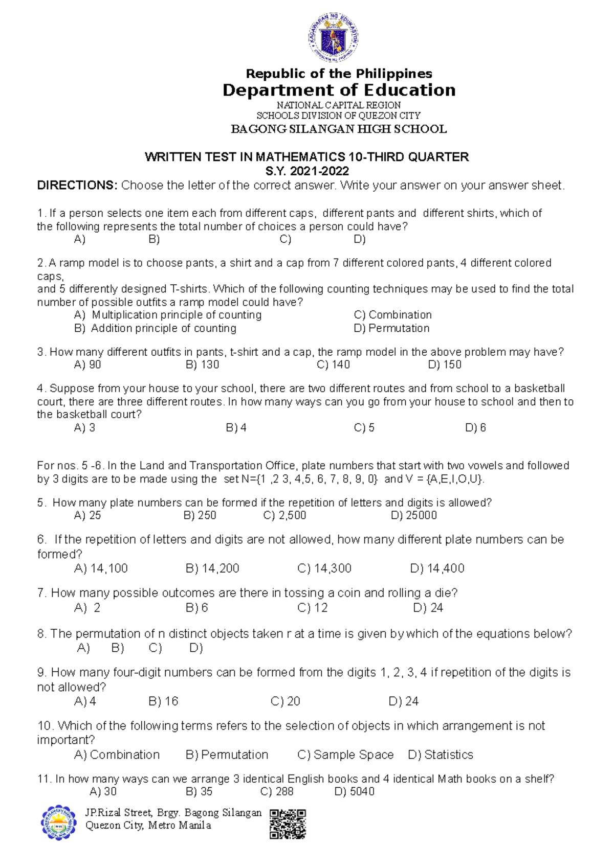 MATH10-Q3- Written TEST - Republic of the Philippines Department of ...