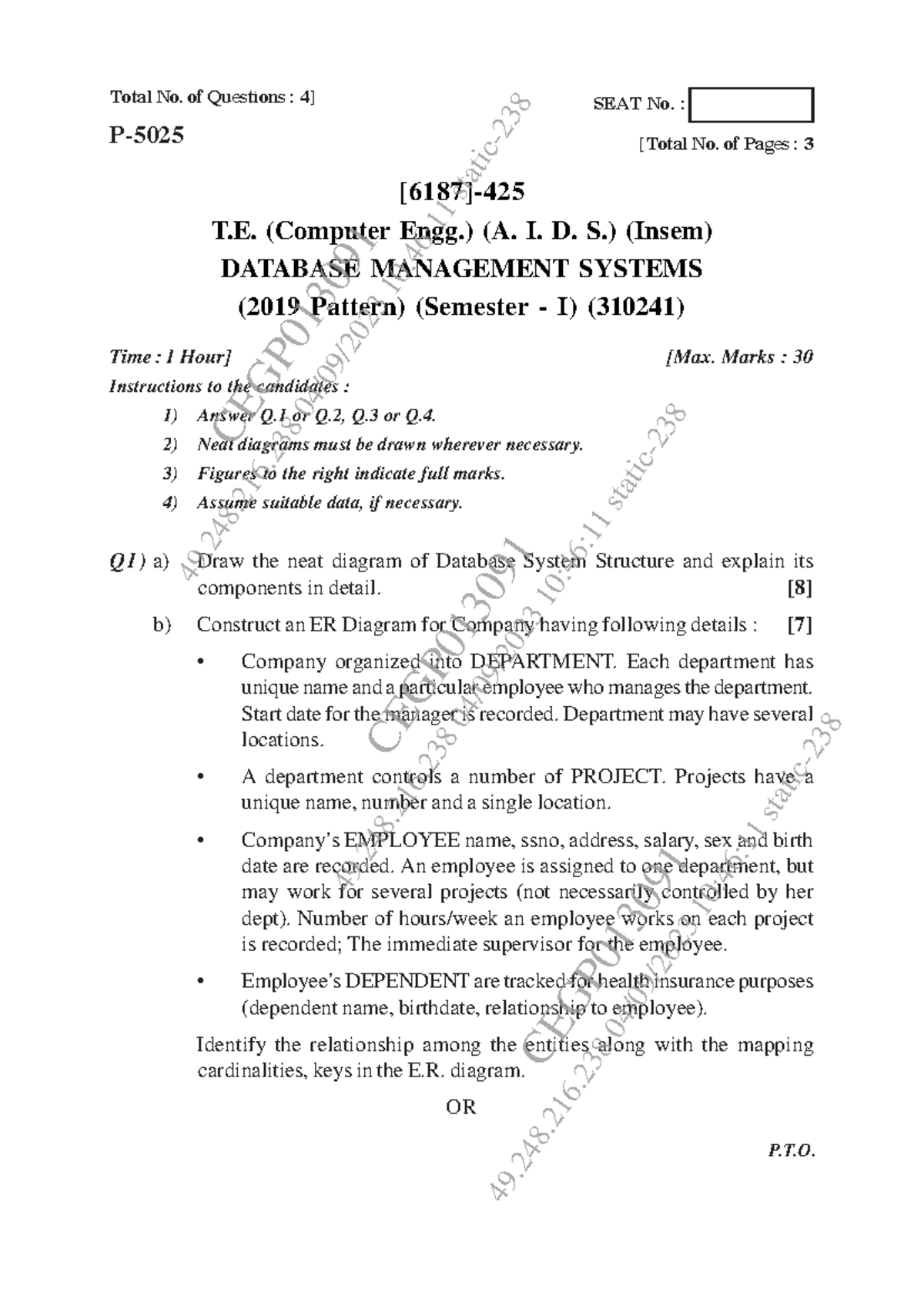 DBMS insem Sep - 2023 - Total No. of Questions : 4] [Total No. of Pages : 3 [6187]- T. (Computer ...
