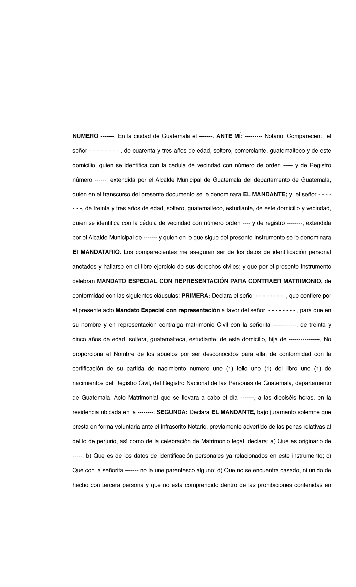 Mandato Especial con Representación para Contraer Matrimonio - NUMERO ...
