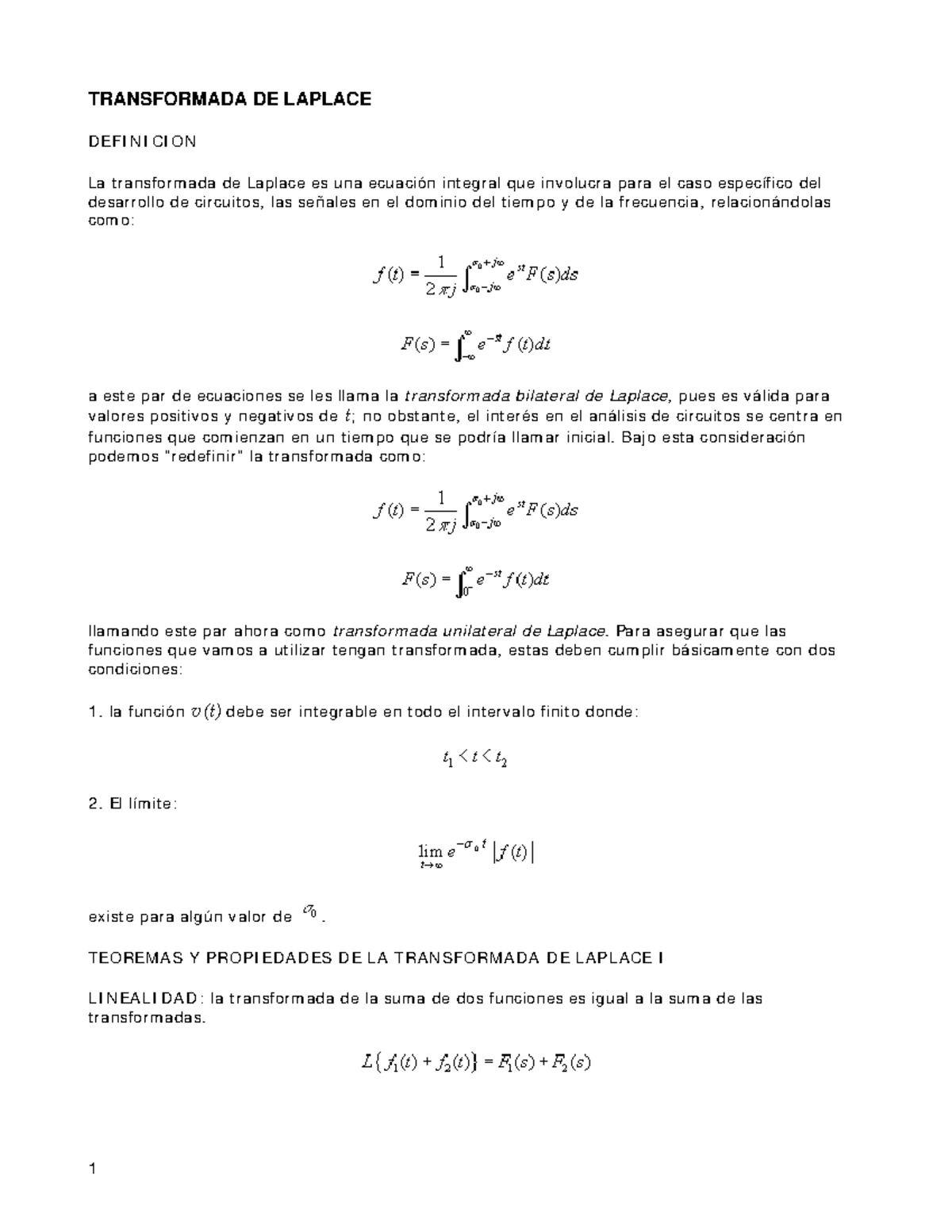Resolución de Circuitos Eléctricos en el Dominio de Laplace - TRANSFORMADA DE LAPLACE DEFINICION ...