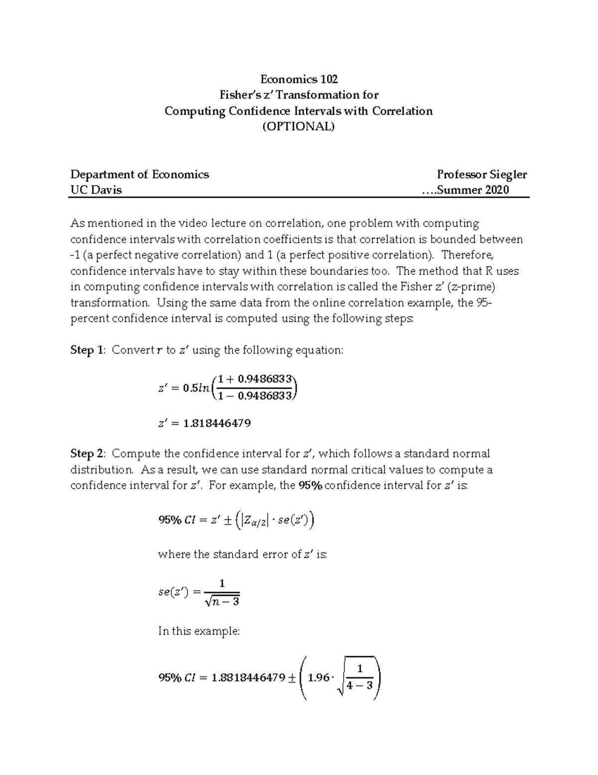 Economics 102 Fisher's z' Transformation - Economics 102 Fisher’s z ...