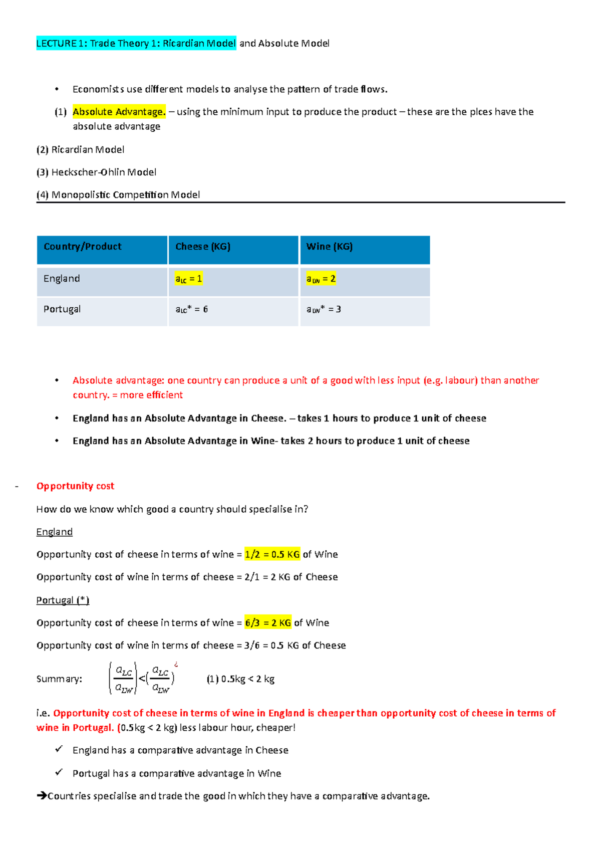 Lecture 1 Ricardo Model - LECTURE 1: Trade Theory 1: Ricardian Model ...