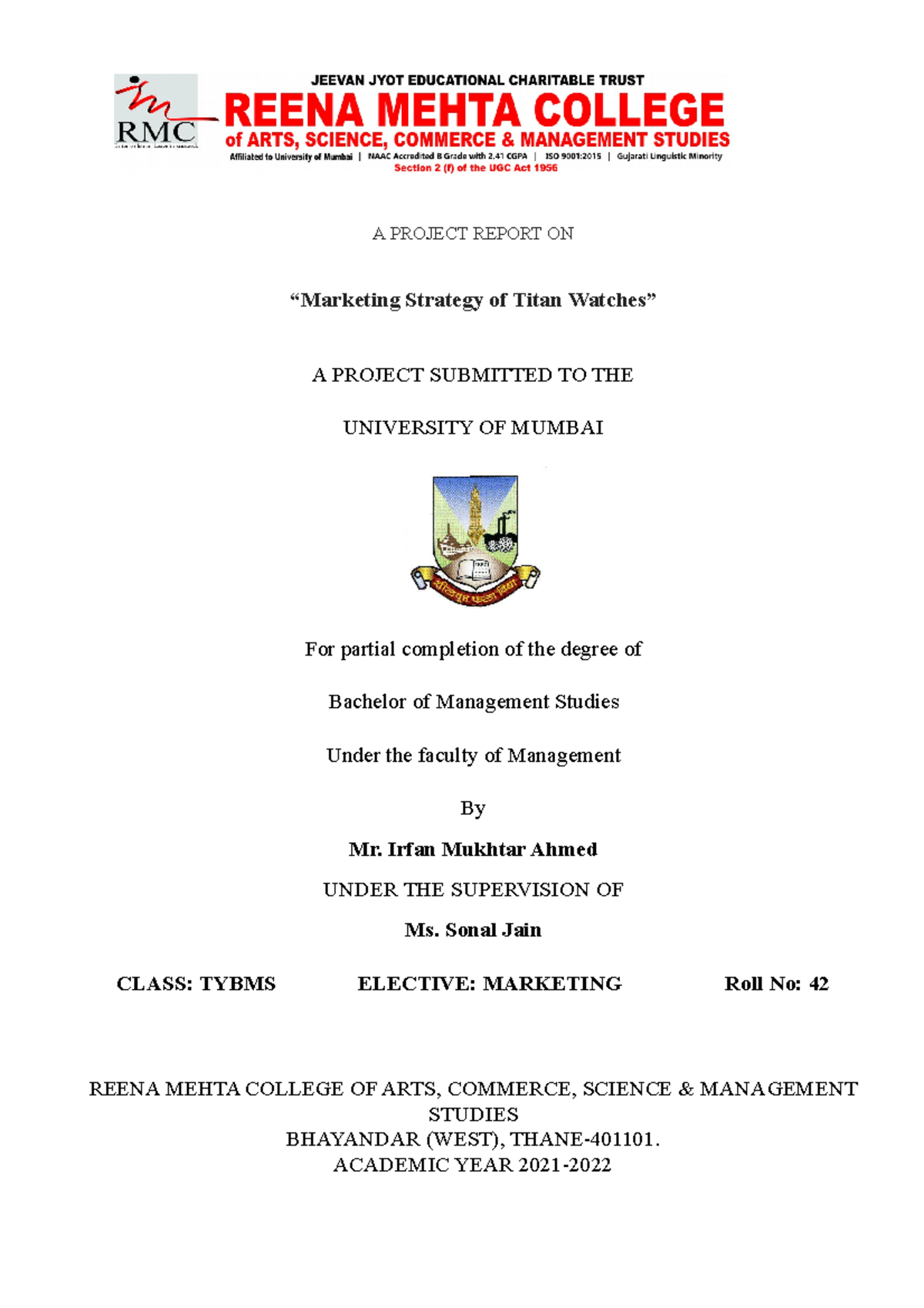 Irfan KHAN Black BOOK project - A PROJECT REPORT ON “Marketing Strategy ...