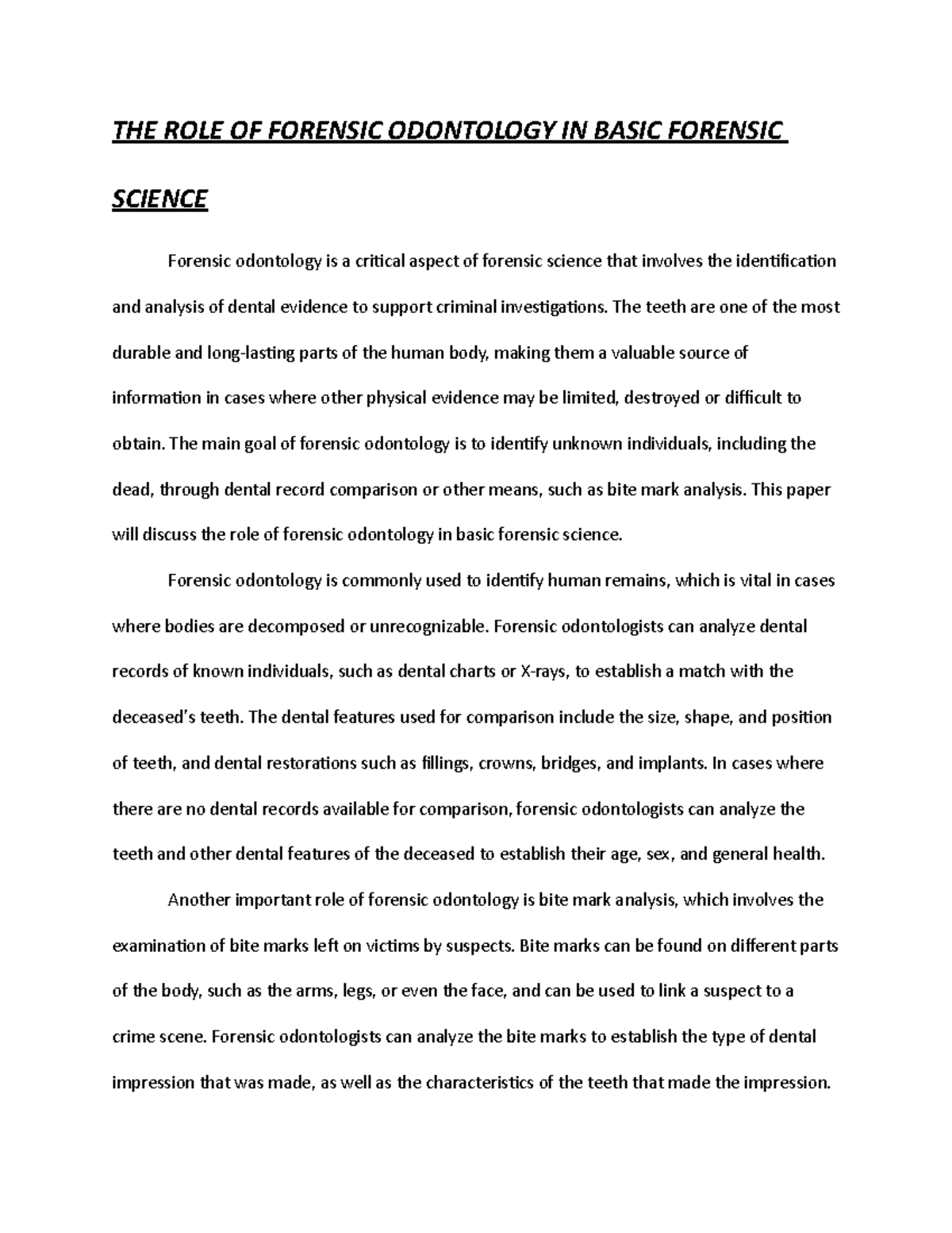 THE ROLE OF Forensic Odontology IN Basic Forensic Science - THE ROLE OF ...